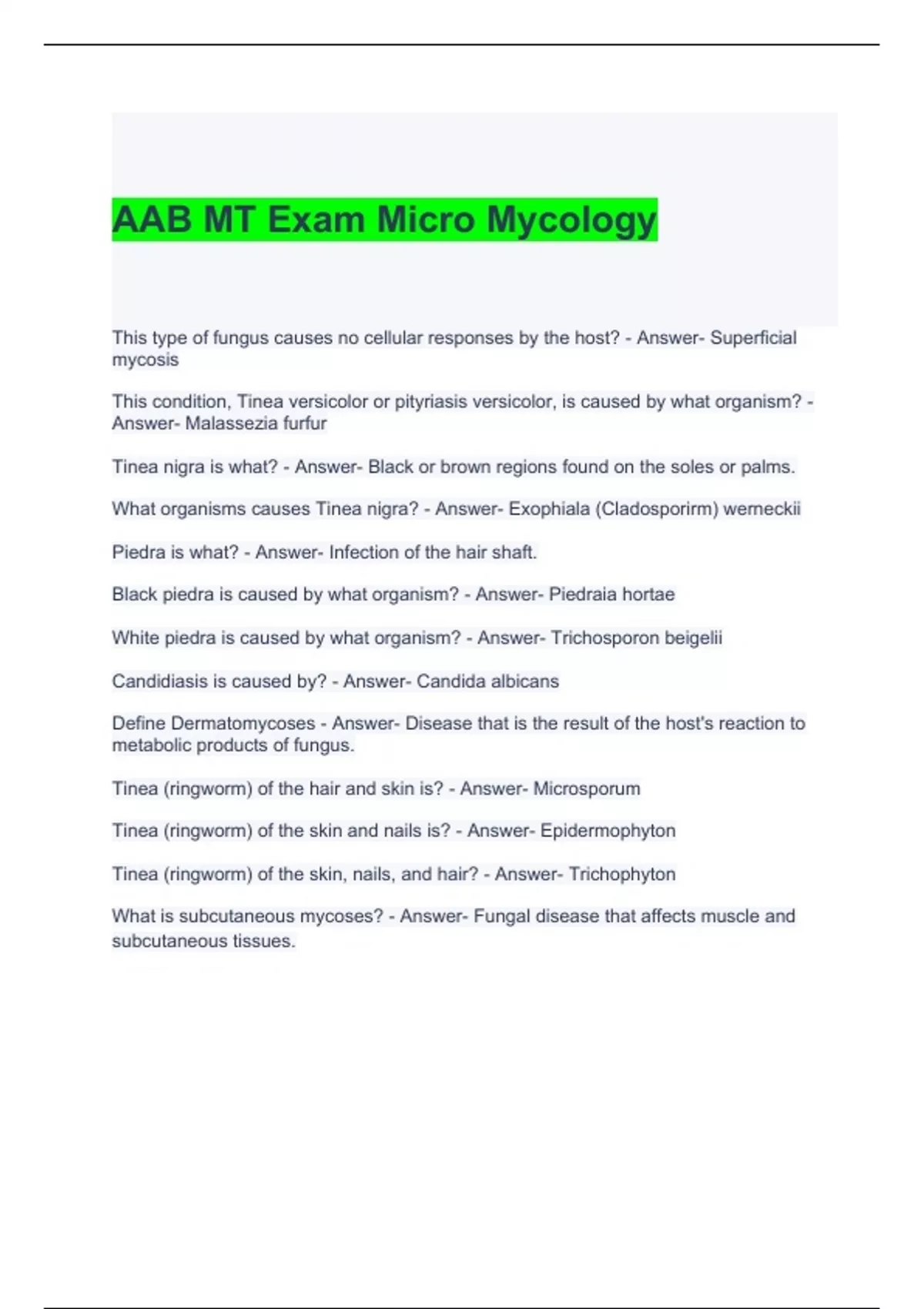 AAB MT Exam Micro Mycology Questions with correct Answers - AAB MT ...
