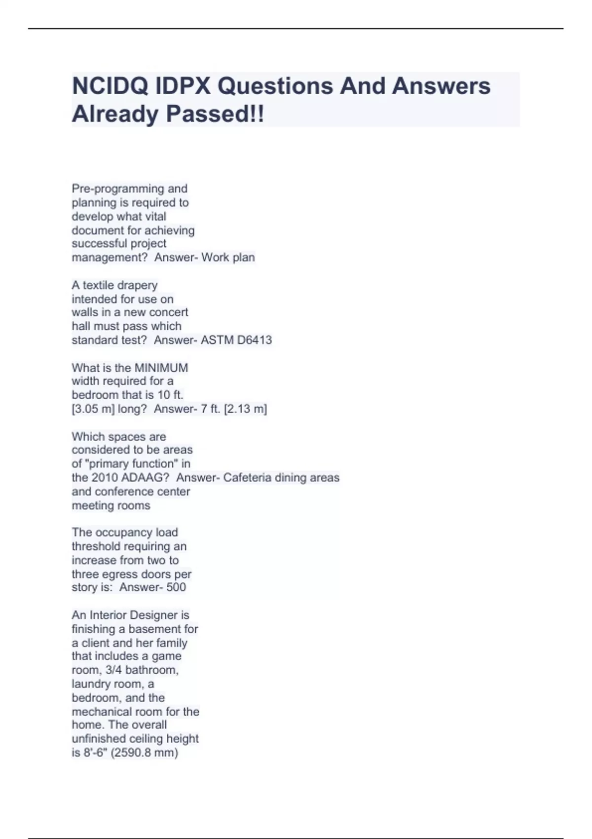 NCIDQ IDPX Questions And Answers Already Passed!! - NCIDQ - National ...