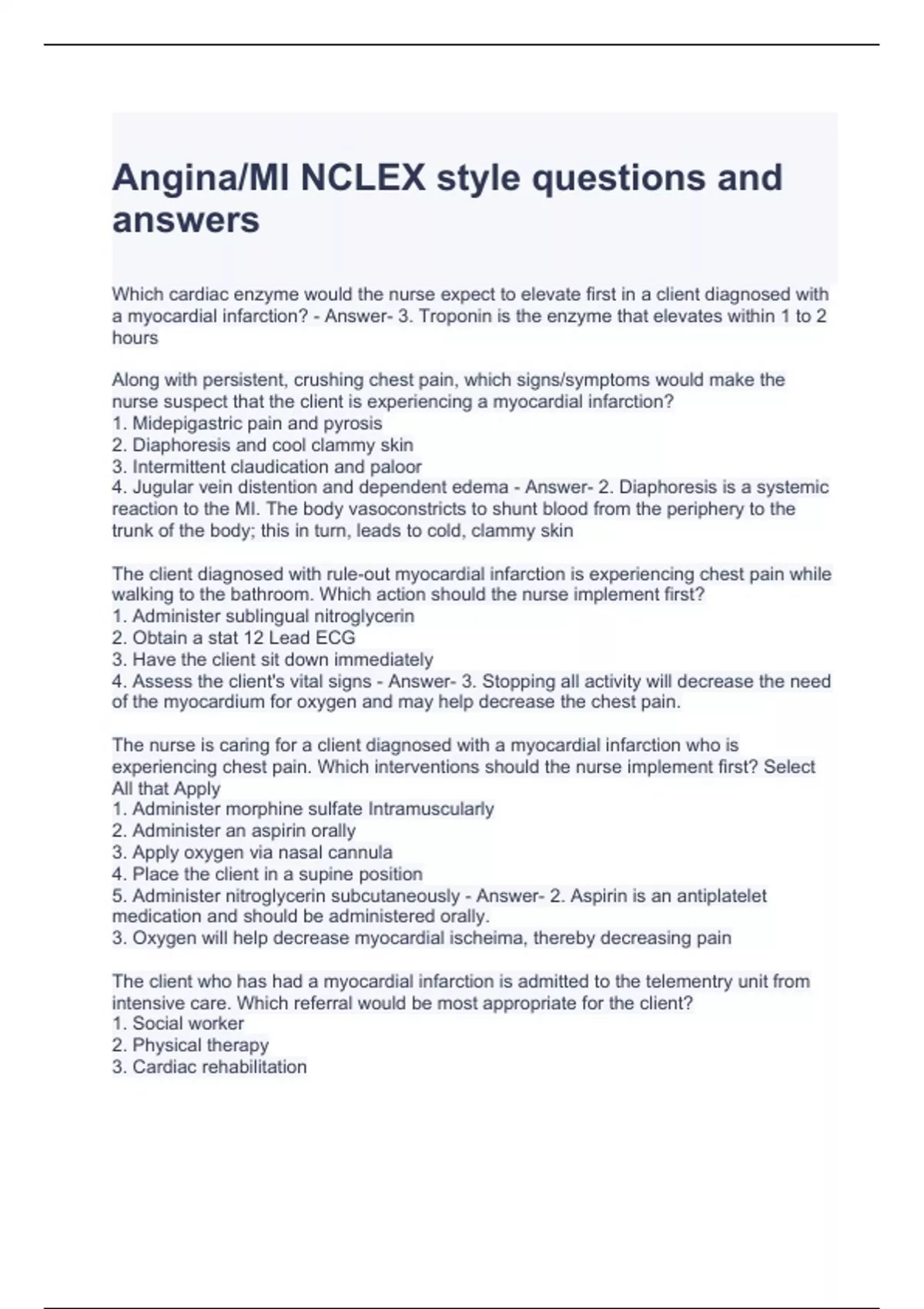 AnginabMI NCLEX style questions and answers - Angina & MI - Stuvia US