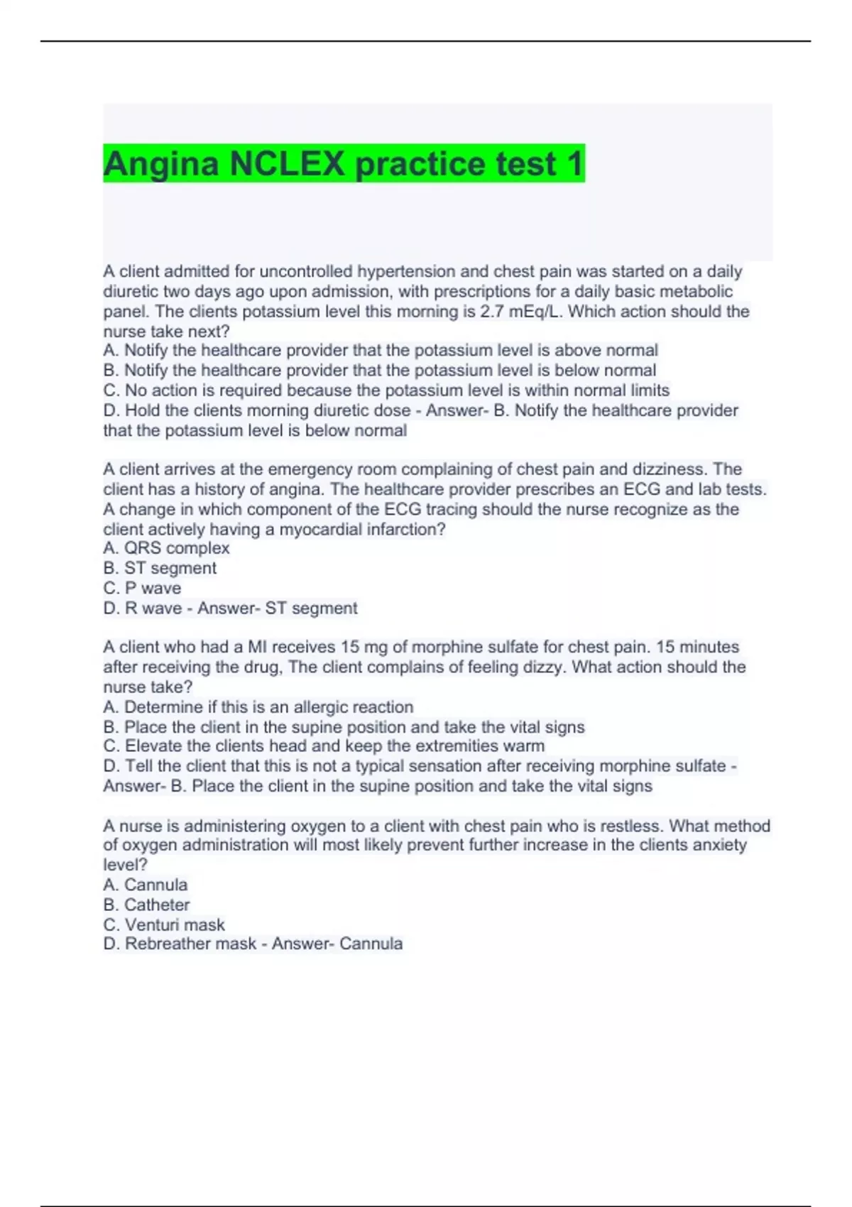 Angina NCLEX practice test 1 questions and answers - Angina & MI ...