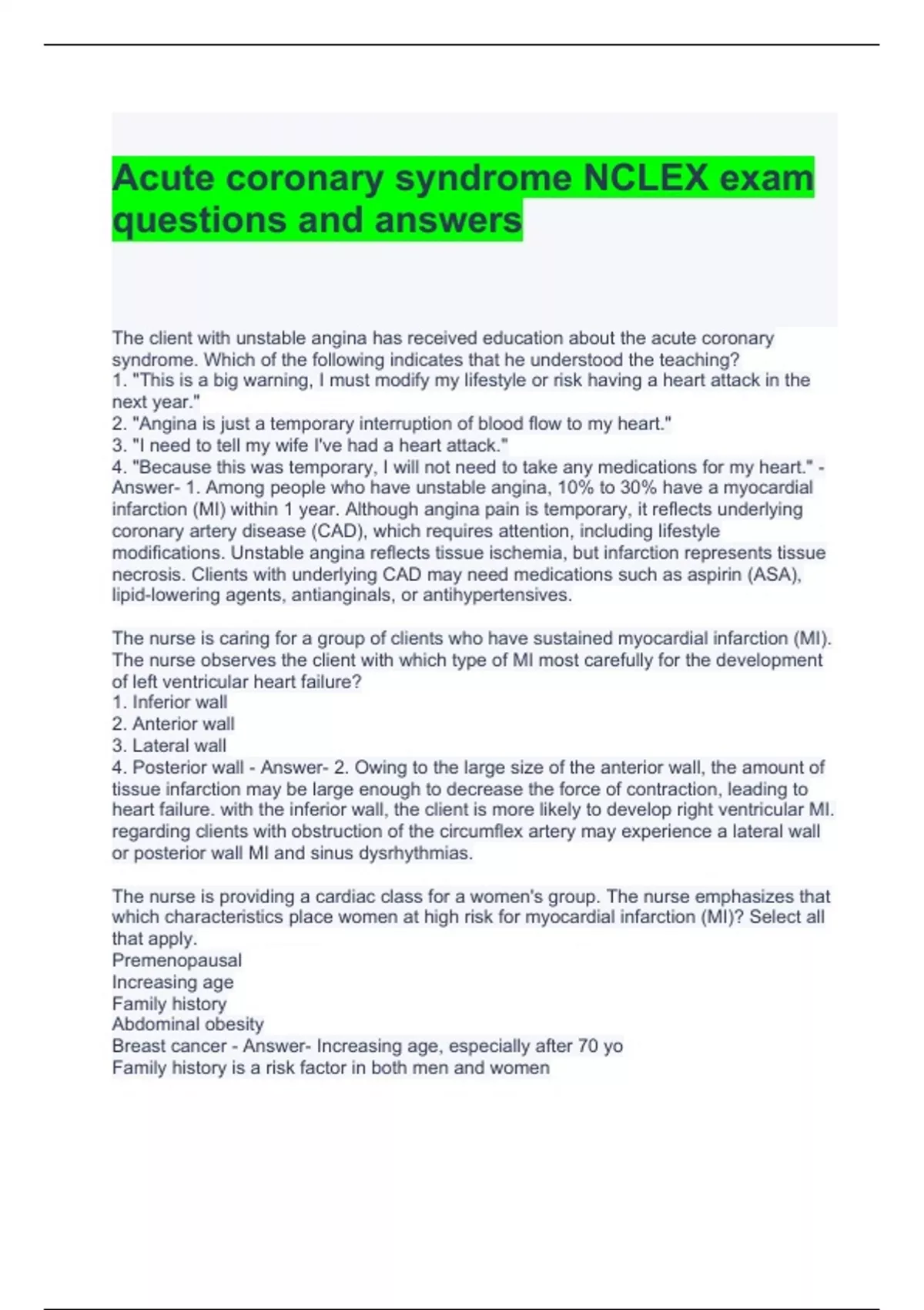 Acute coronary syndrome NCLEX exam questions and answers - Angina & MI ...