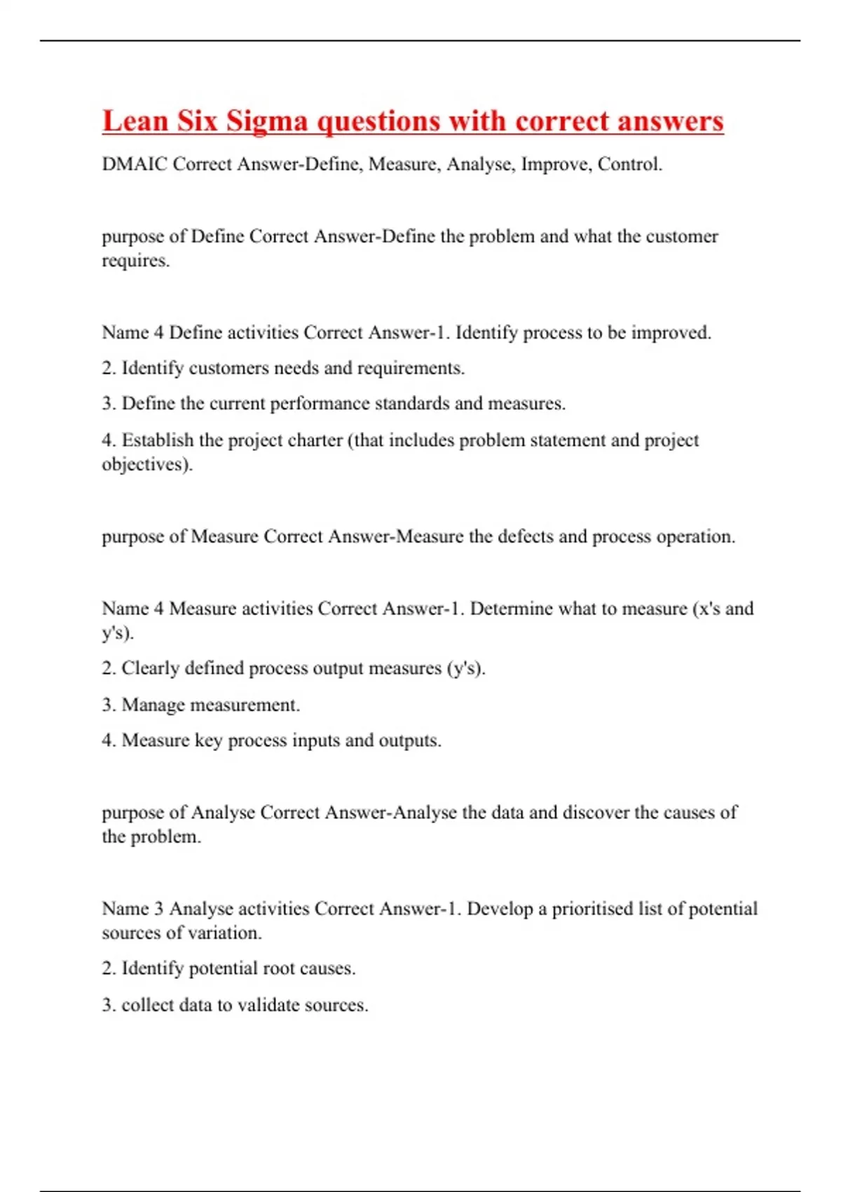 Lean Six Sigma questions with correct answers - Lean Six Sigma - Stuvia US