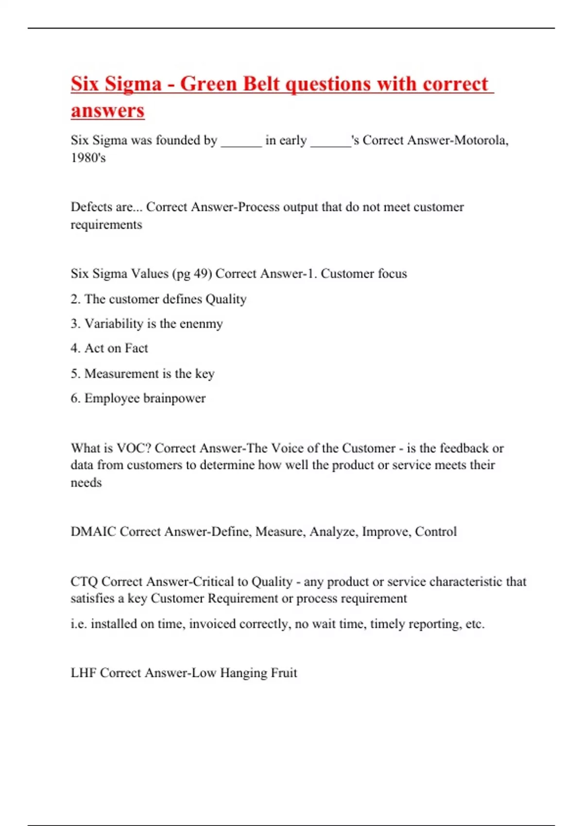 Six Sigma - Green Belt questions with correct answers - Six Sigma ...