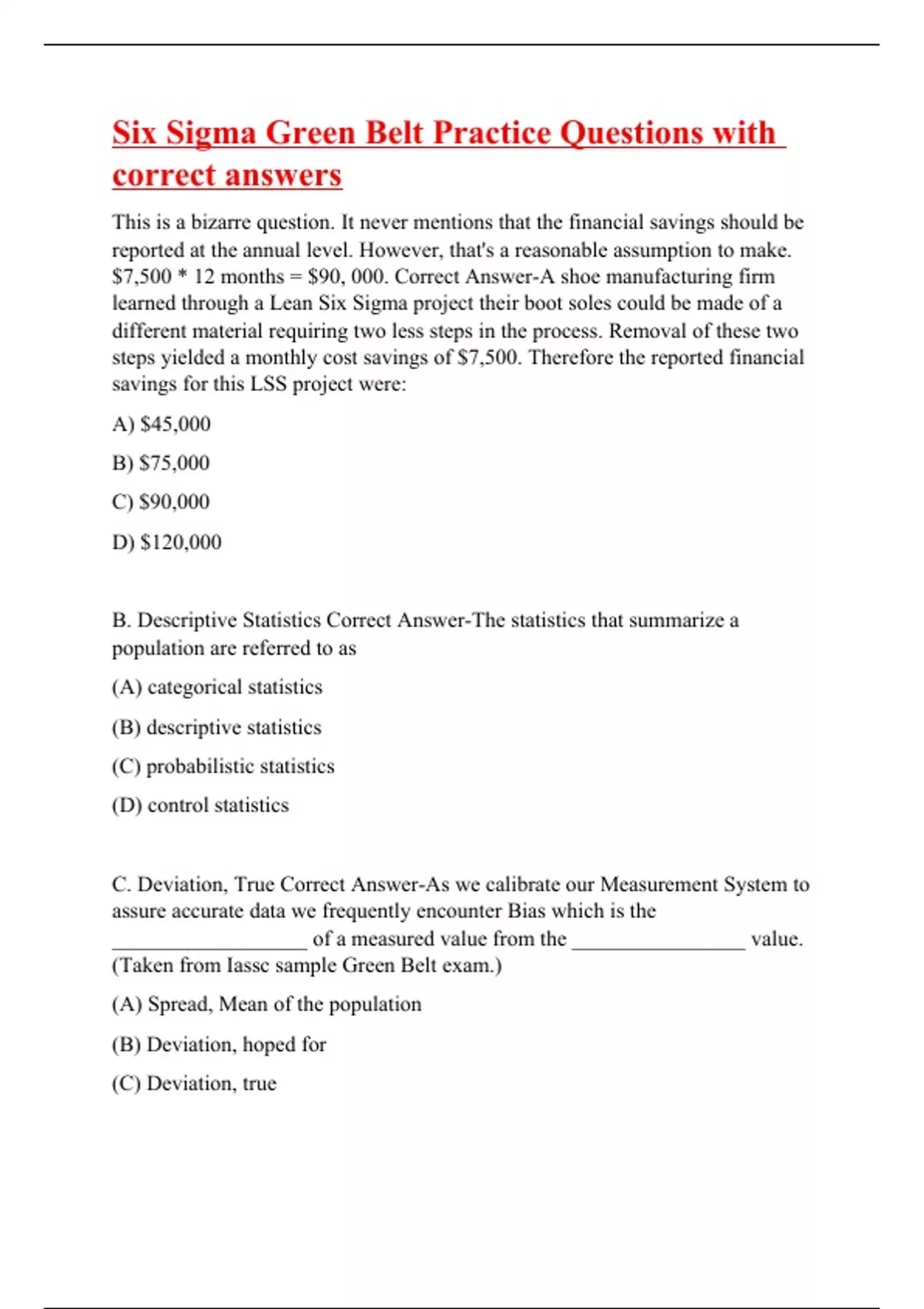 Six Sigma Green Belt Practice Questions with correct answers - Six ...