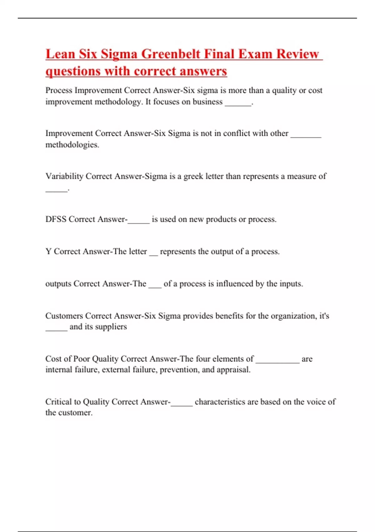 Lean Six Sigma Greenbelt Final Exam Review questions with correct ...