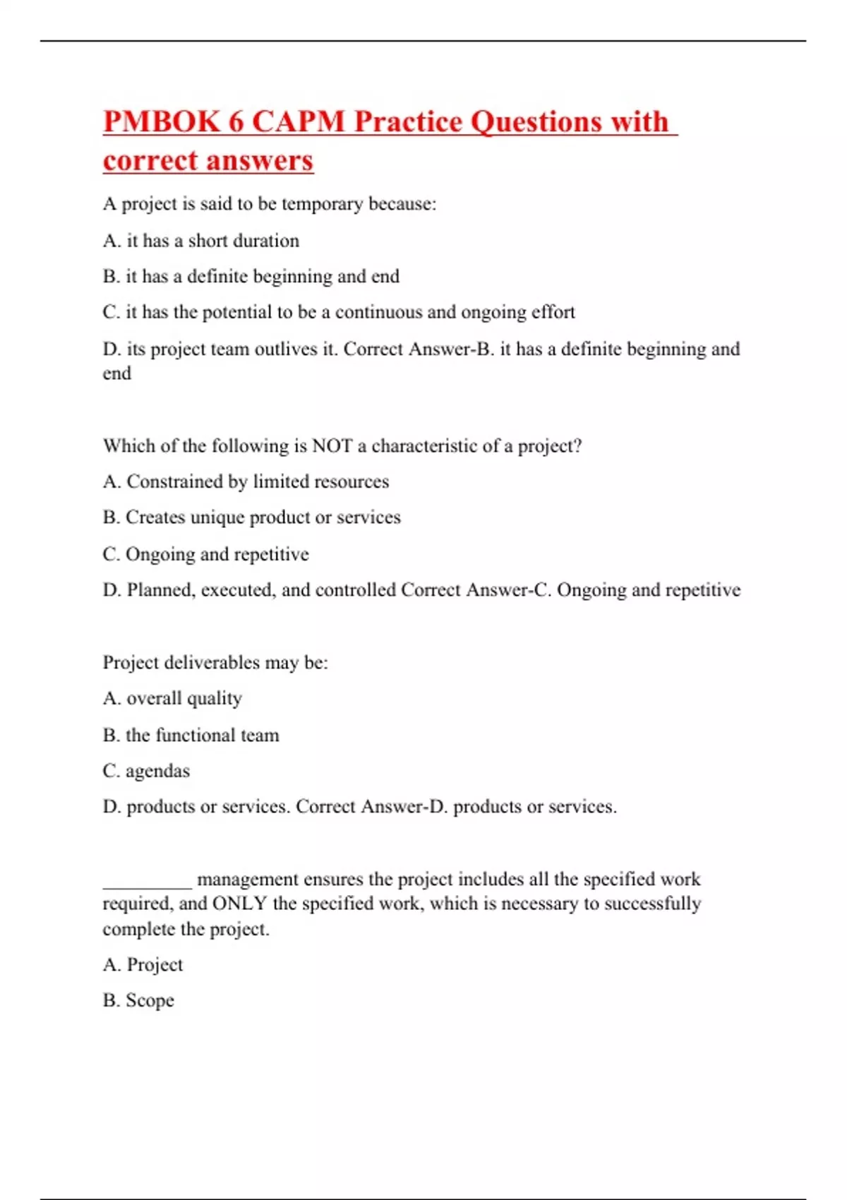 PMBOK 6 CAPM Practice Questions with correct answers - CAPM - Certified Associate in Project ...
