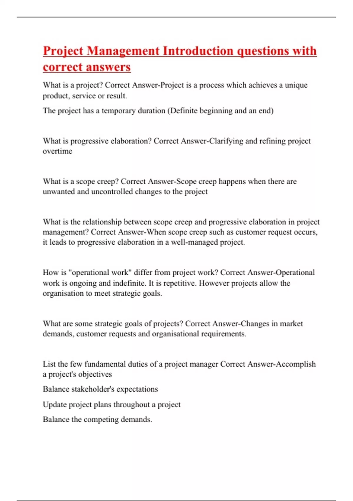 Project Management Introduction questions with correct answers - PMP - Project Management ...