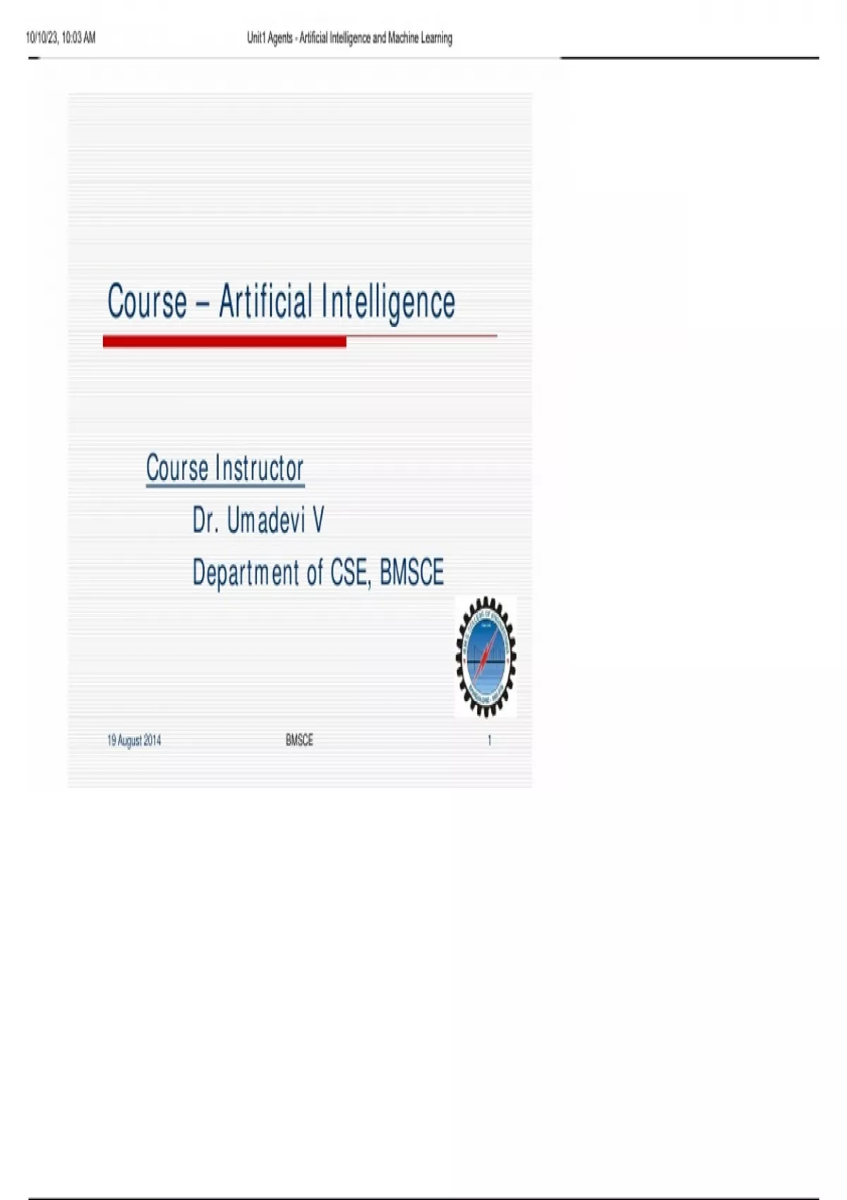 Unit1 Agents - Artificial Intelligence and Machine Learning - Computer Science and Engineering ...