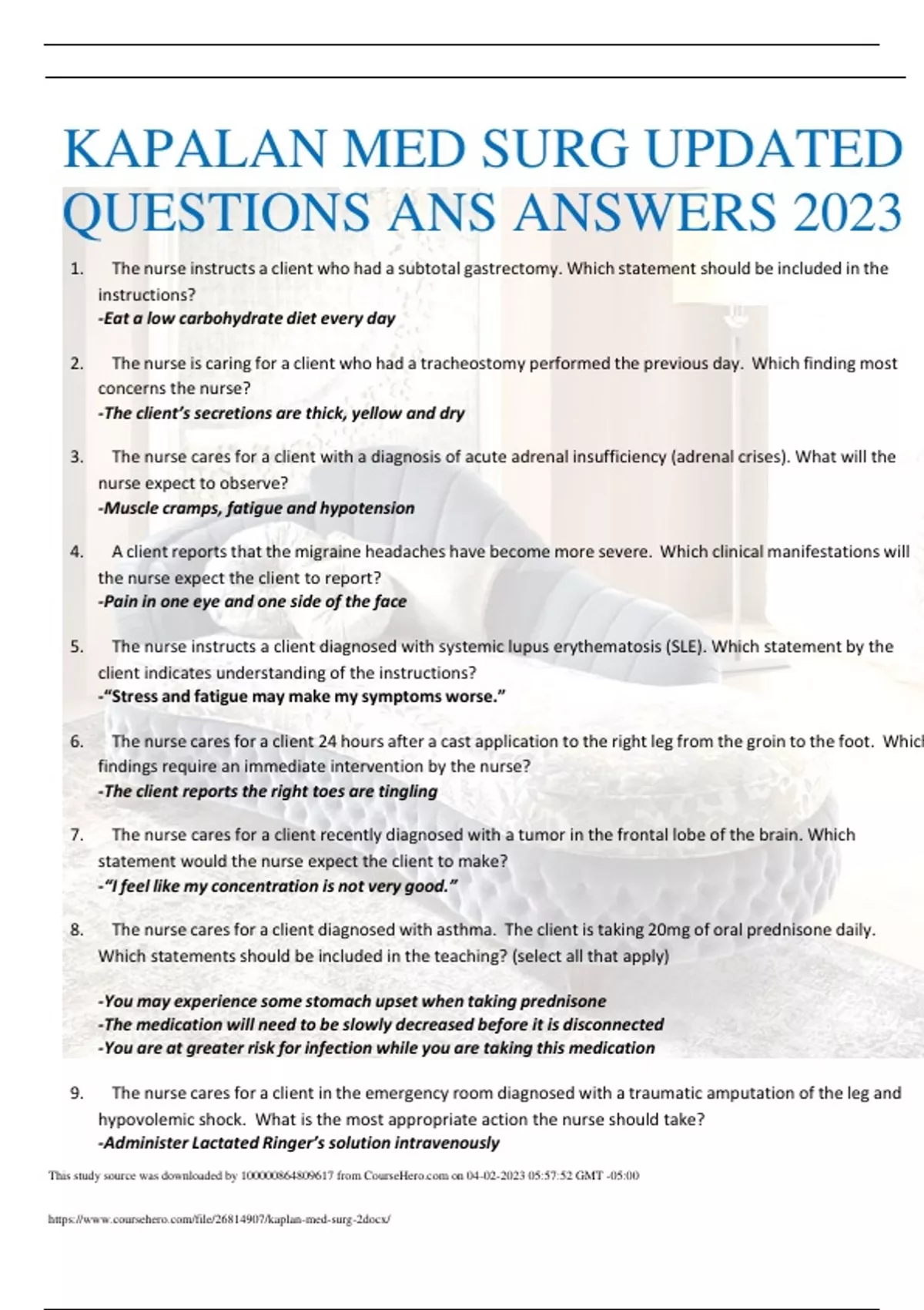 KAPLAN MED SURG UPDATED QUESTIONS ANS ANSWERS 2023/2024 - Ati adult med ...