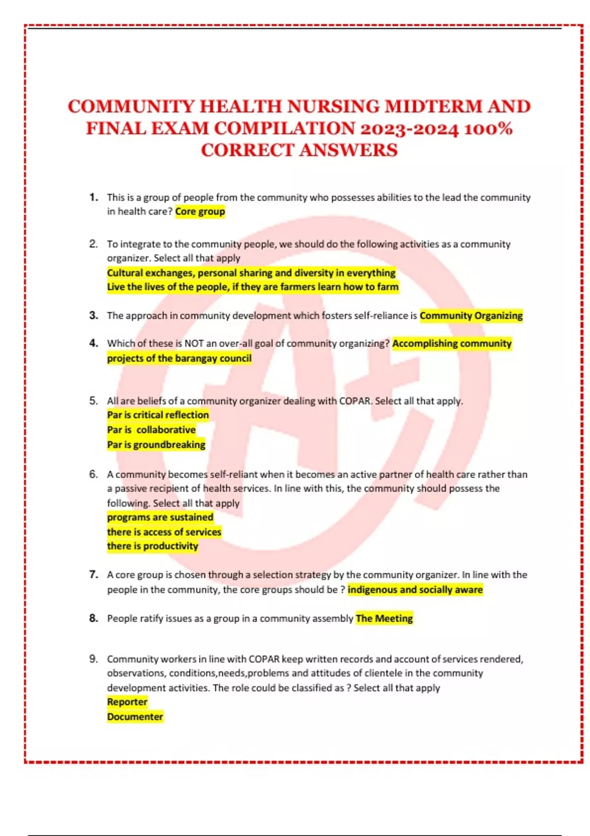 COMMUNITY HEALTH NURSING MIDTERM AND FINAL EXAM COMPILATION % CORRECT ANSWERS - COMMUNITY HEALTH ...