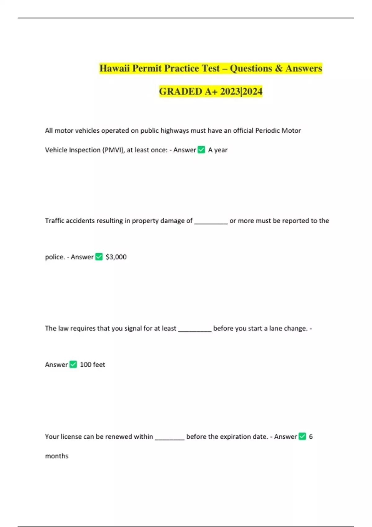 Hawaii Permit Practice Test – Questions & Answers GRADED A+ 2023|2024 ...