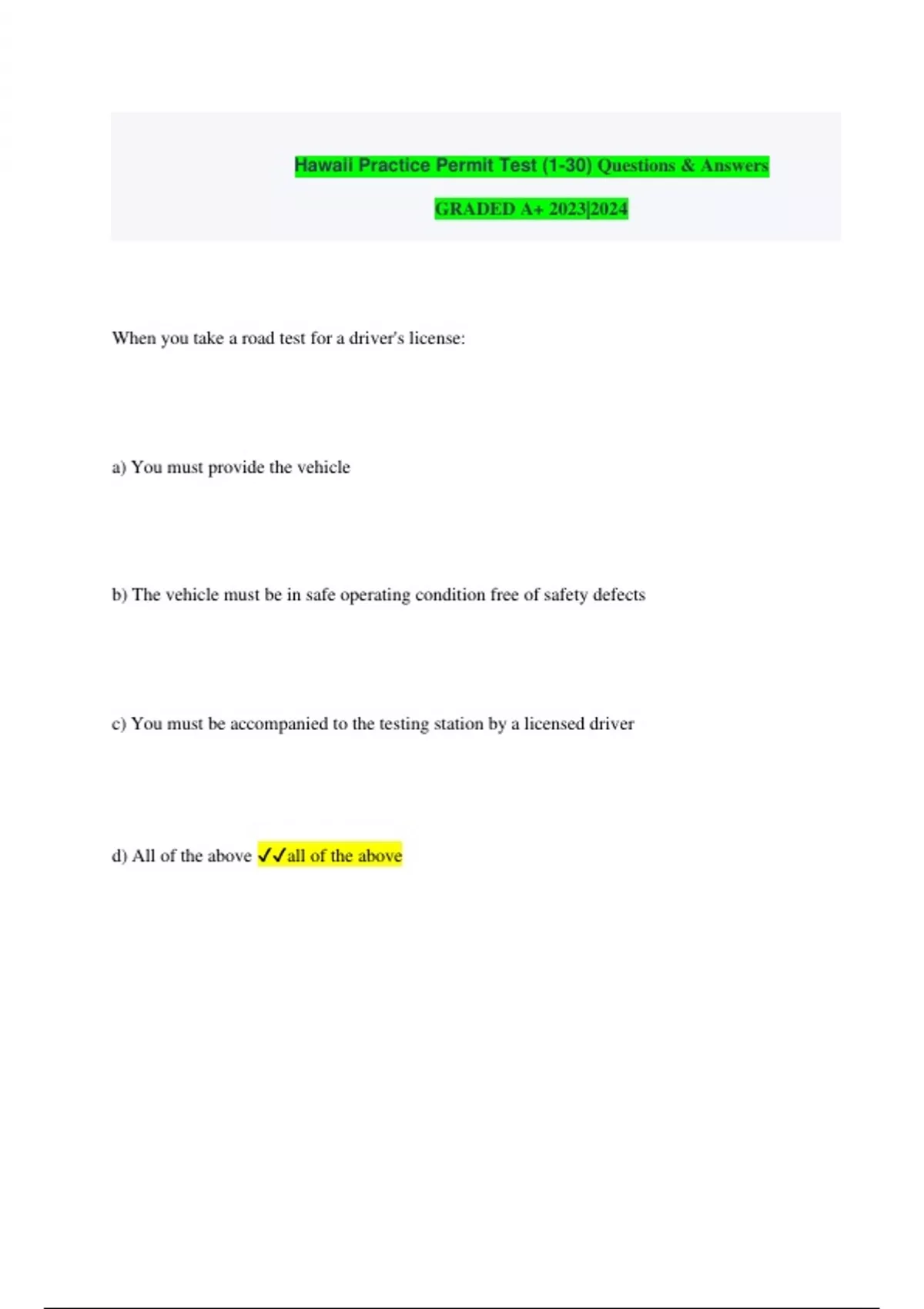 Hawaii Practice Permit Test (1-30) Questions & Answers GRADED A+ 2023 ...