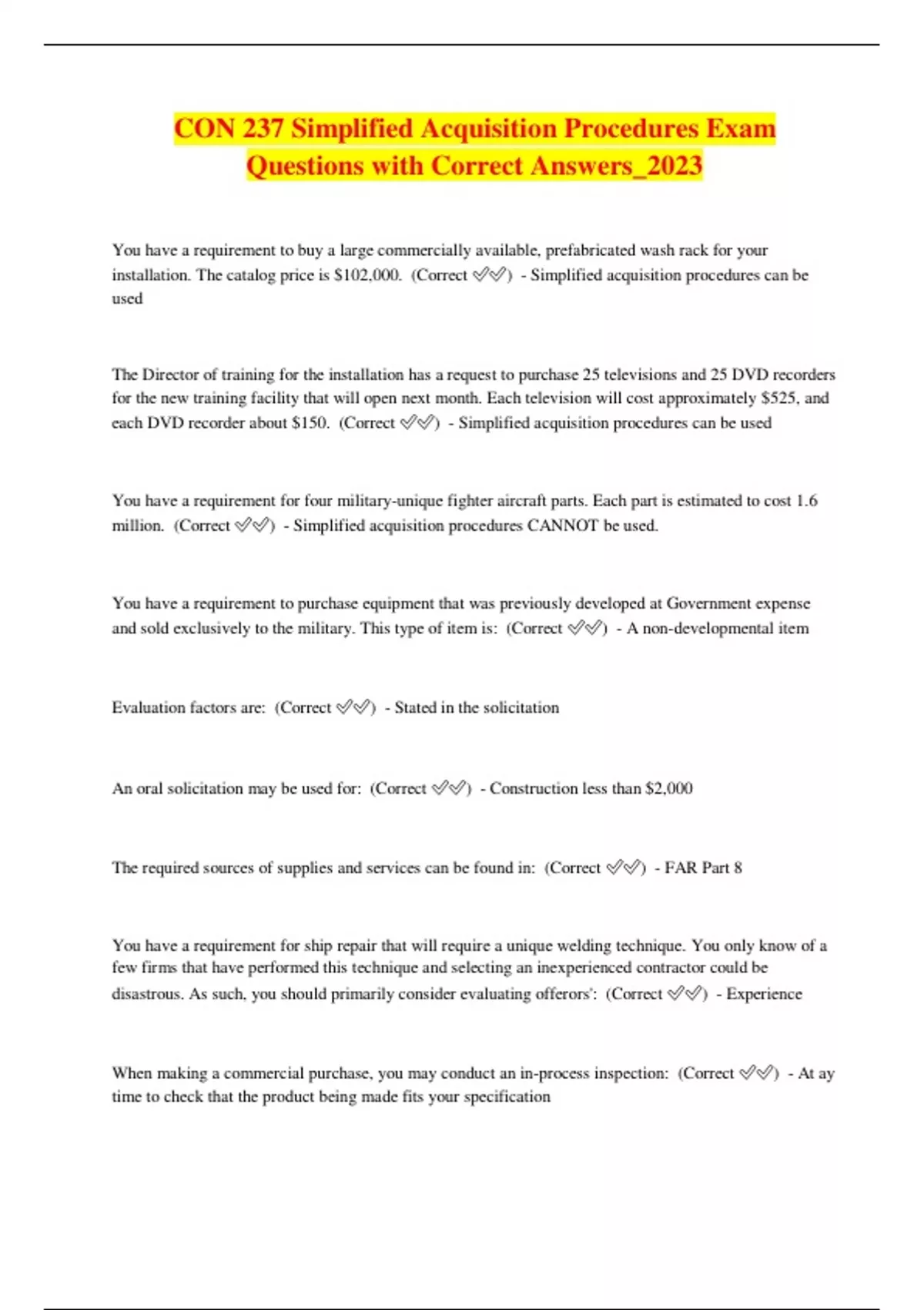 CON 237 Simplified Acquisition Procedures Exam Questions with Correct ...