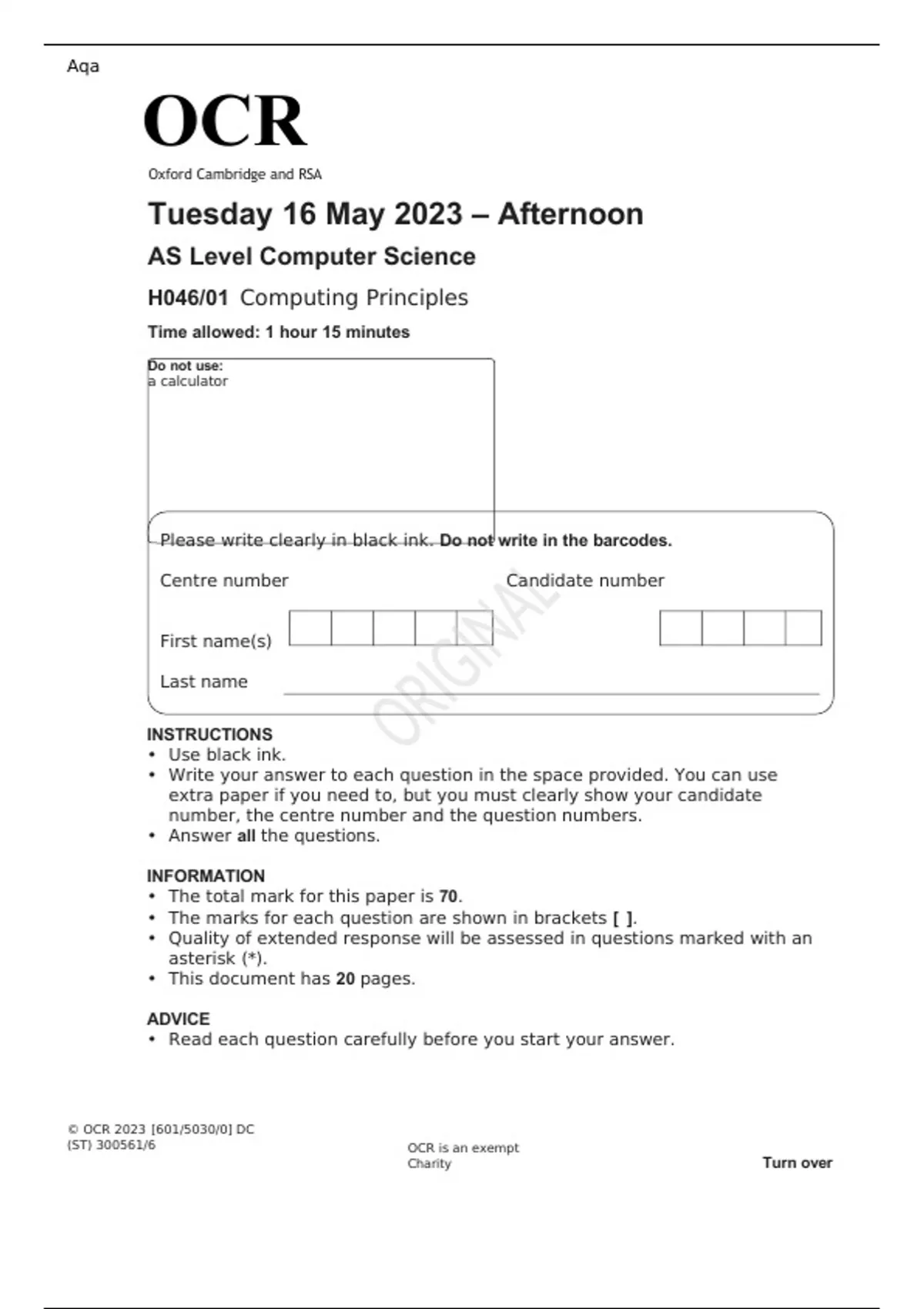 OCR AS Level Computer Science PAPER 1 AND 2 JUNE 2023 QUESTION PAPERS ...