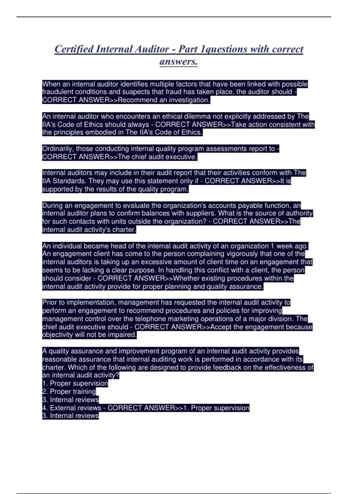 Certified Internal Auditor Study Guide Part 1 questions with correct answers - Certified ...