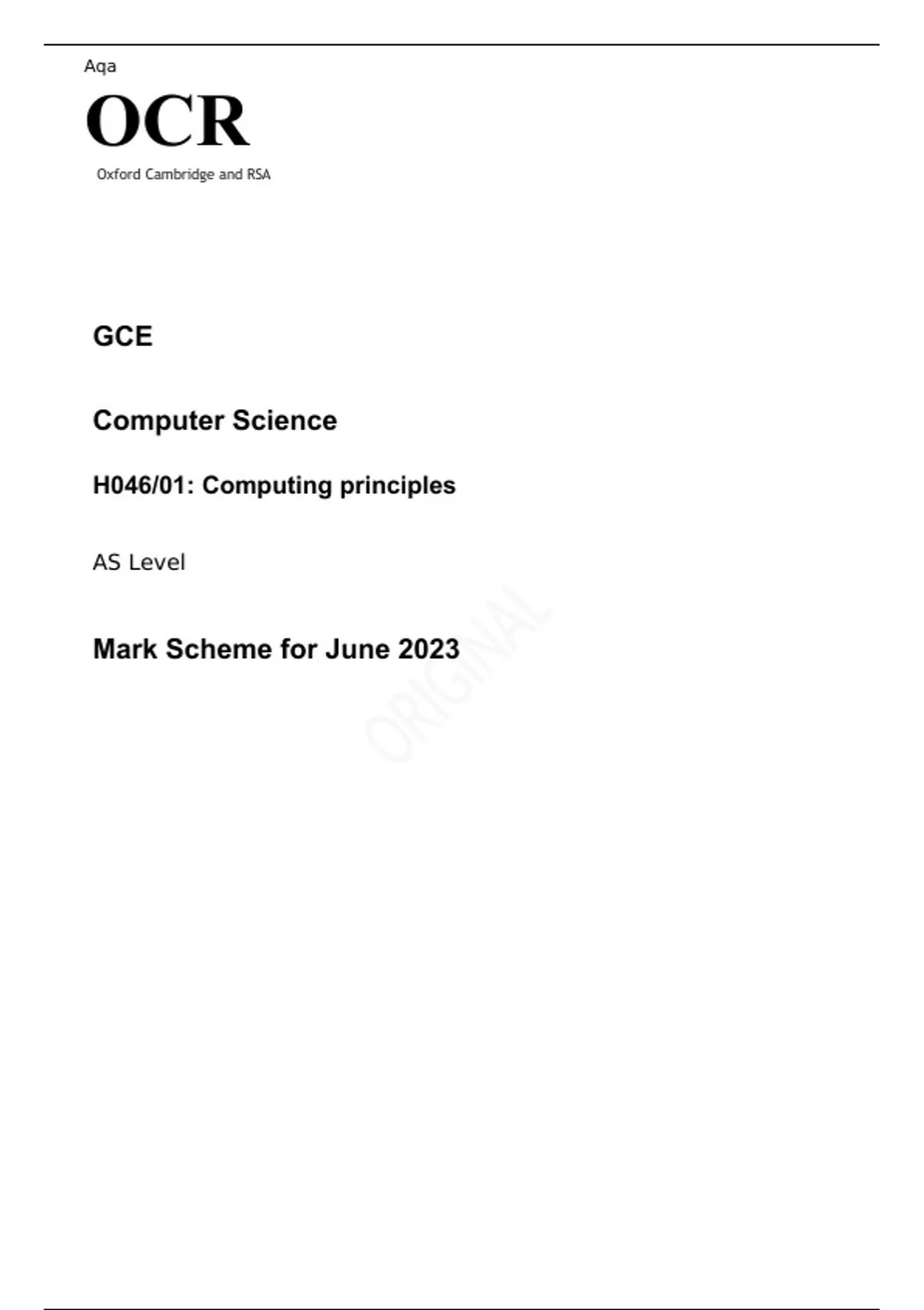 OCR AS Level Computer Science H046/01 JUNE 2023 MARK SCHEME: Computing ...