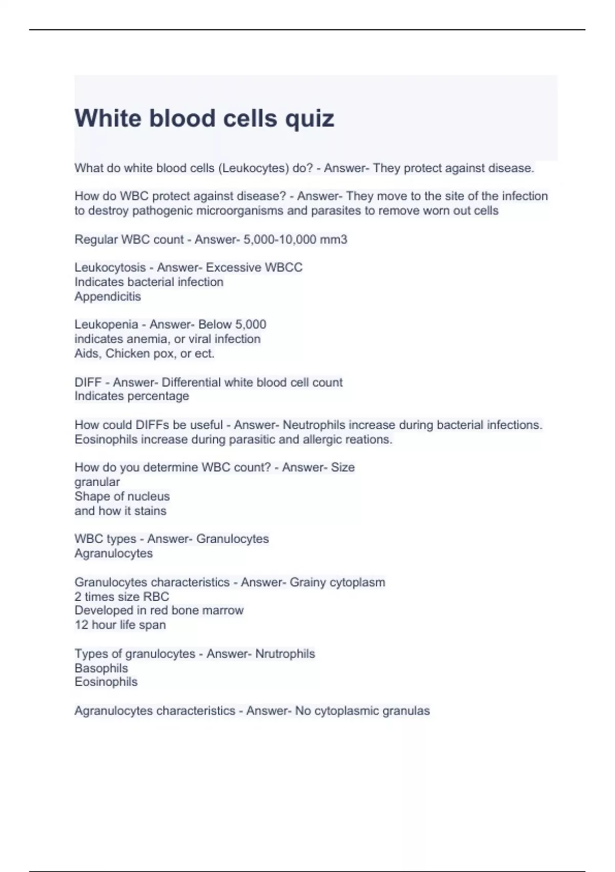 White blood cells quiz with complete solutions - WBC - Stuvia US