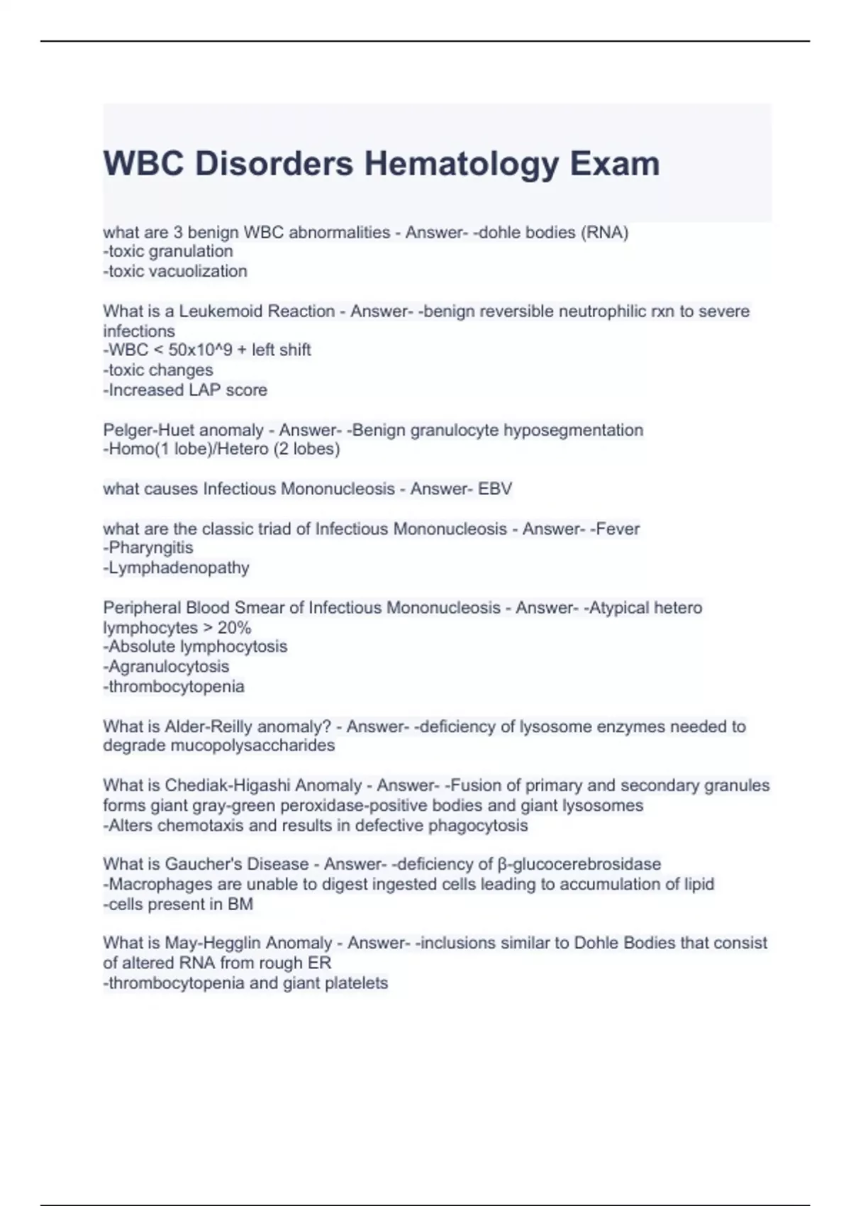 WBC Disorders Hematology Exam 2023 Questions and Answers - WBC - Stuvia US