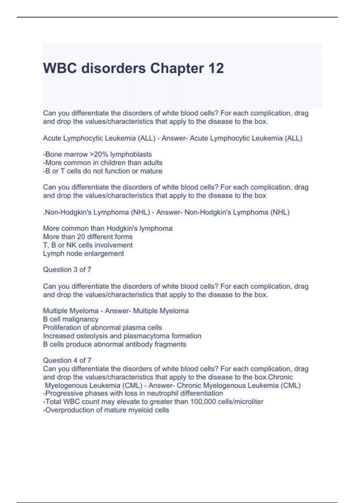 WBC disorders Chapter 12 Exam with correct Answers - WBC - Stuvia US