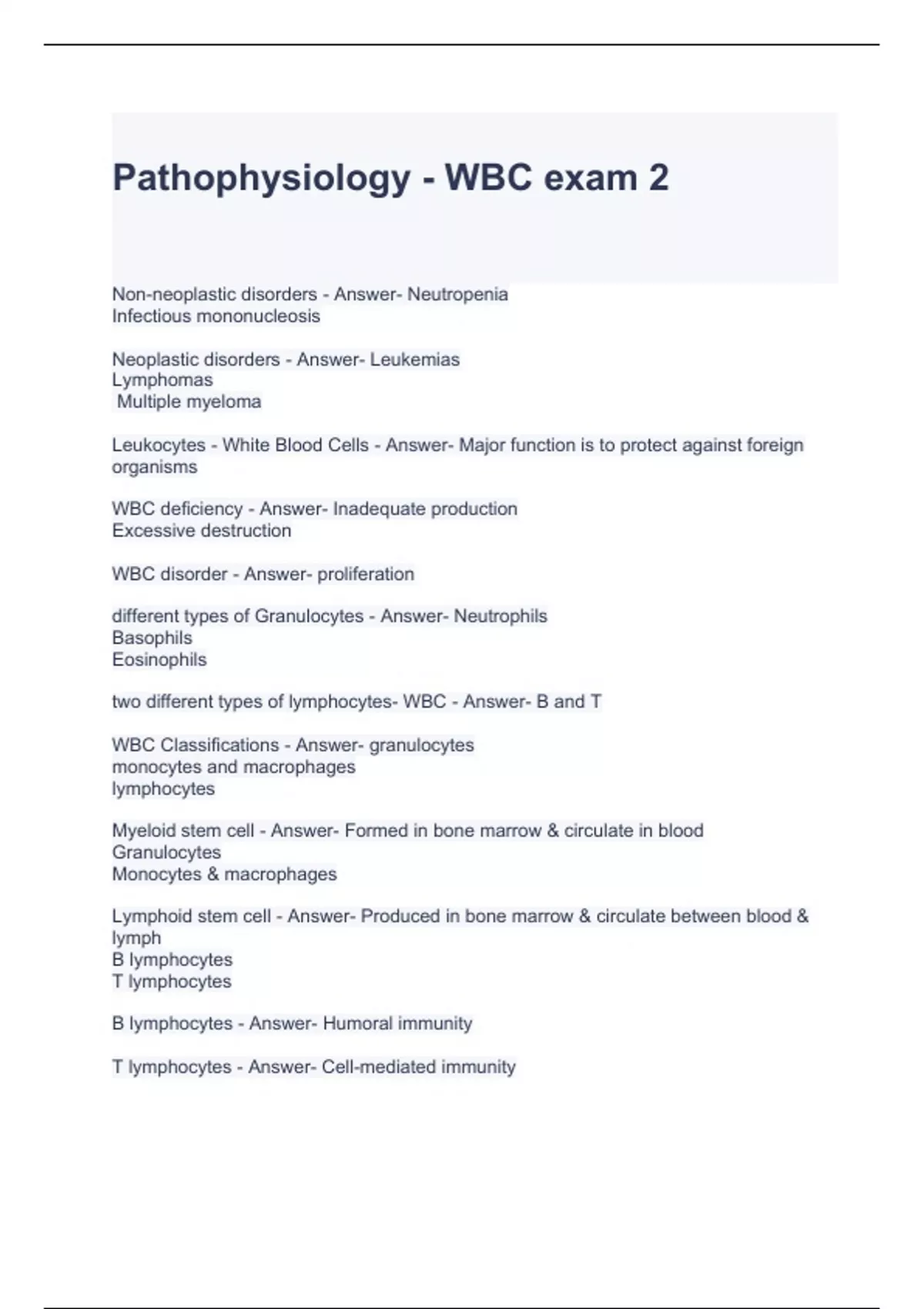 pathophysiology - WBC exam 2 with complete solutions - WBC - Stuvia US