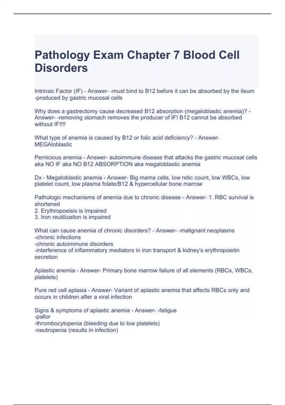 Pathology Exam Chapter 7 Blood Cell Disorders Questions and Answers - WBC - Stuvia US