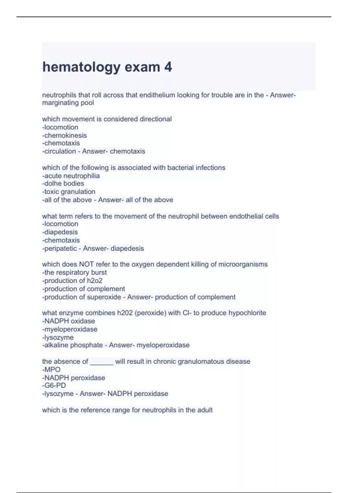 hematology exam 4 with complete solutions - WBC - Stuvia US