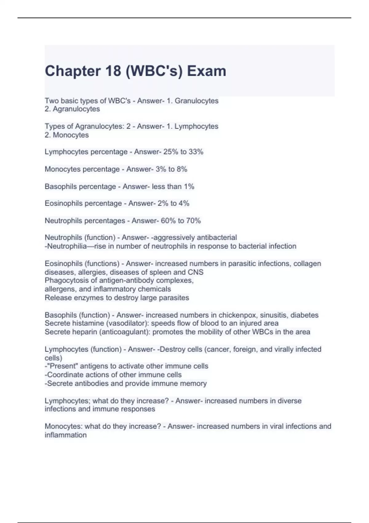 Chapter 18 (WBC's) Exam Questions with correct Answers - WBC - Stuvia US