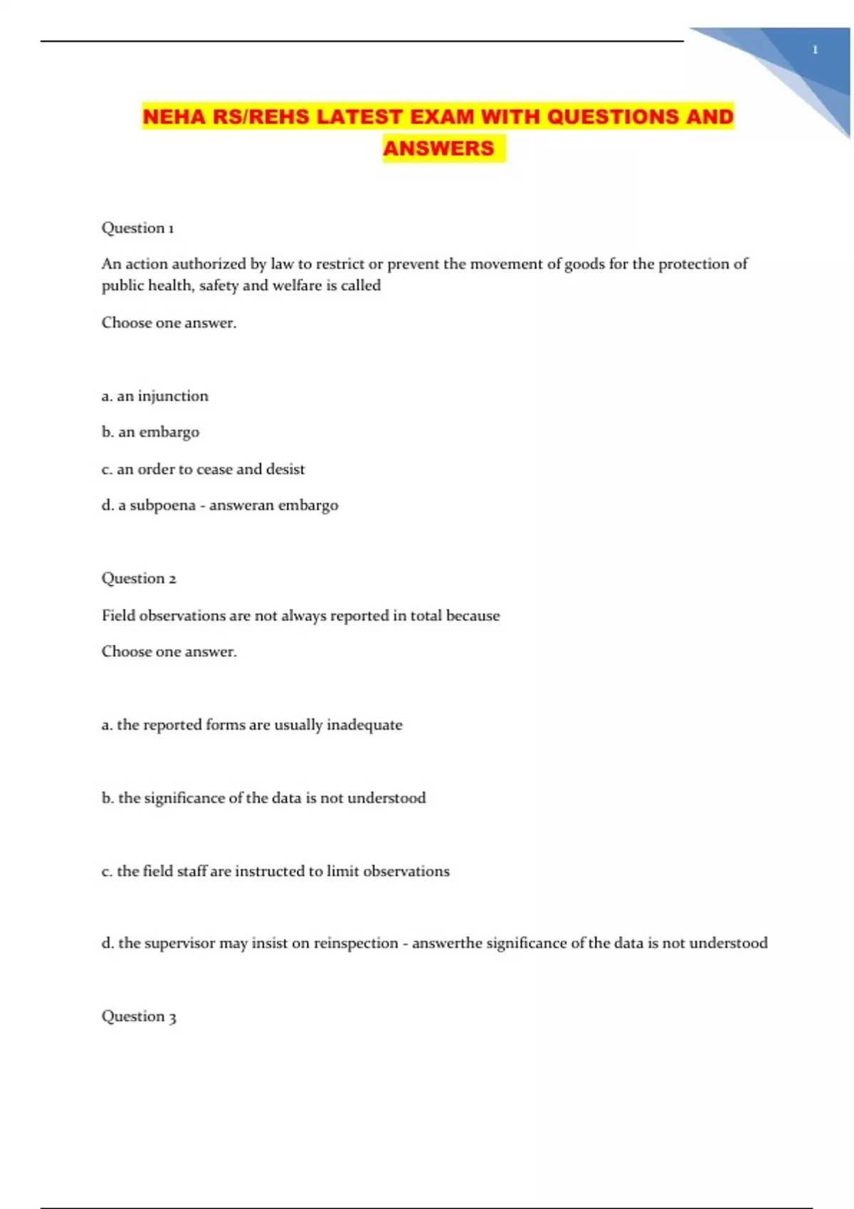 Summary NEHA RS/REHS LATEST EXAM WITH QUESTIONS AND ANSWERS - NEHA RS ...