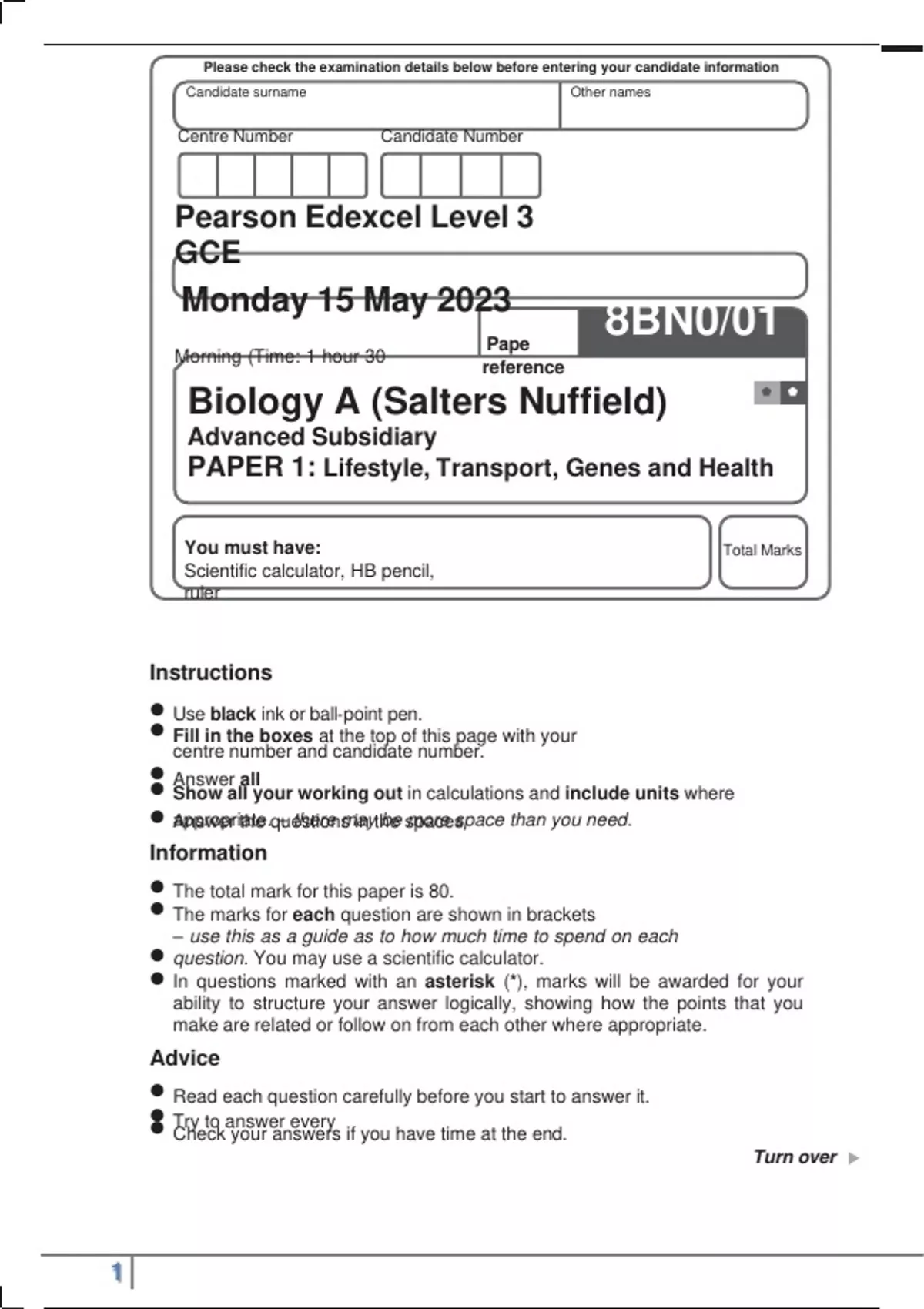 Pearson Edexcel Biology A Advanced Subsidiary PAPER 1 Lifestyle ...