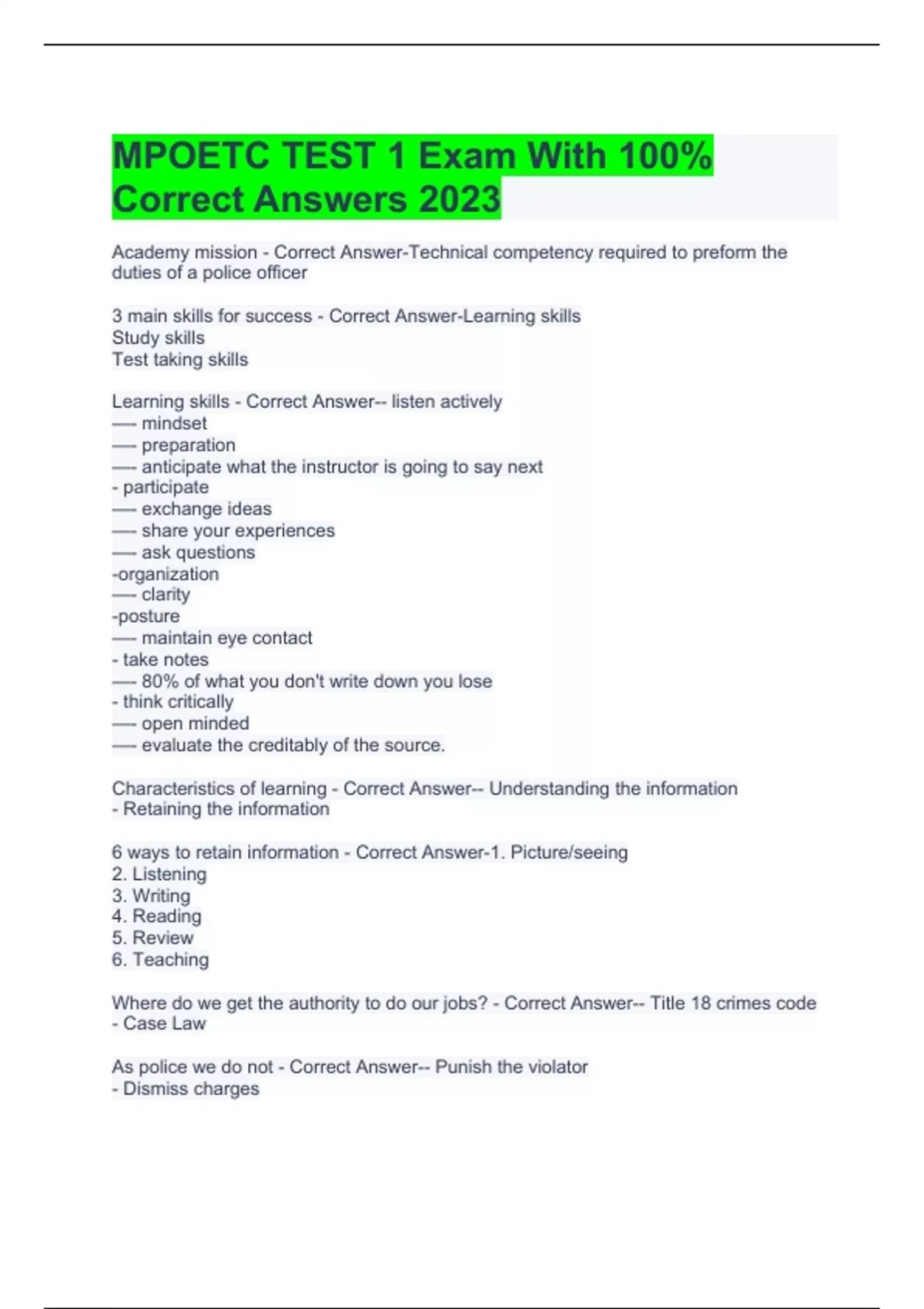 MPOETC TEST 1 Exam With 100% Correct Answers 2023 - MPOETC - Stuvia US