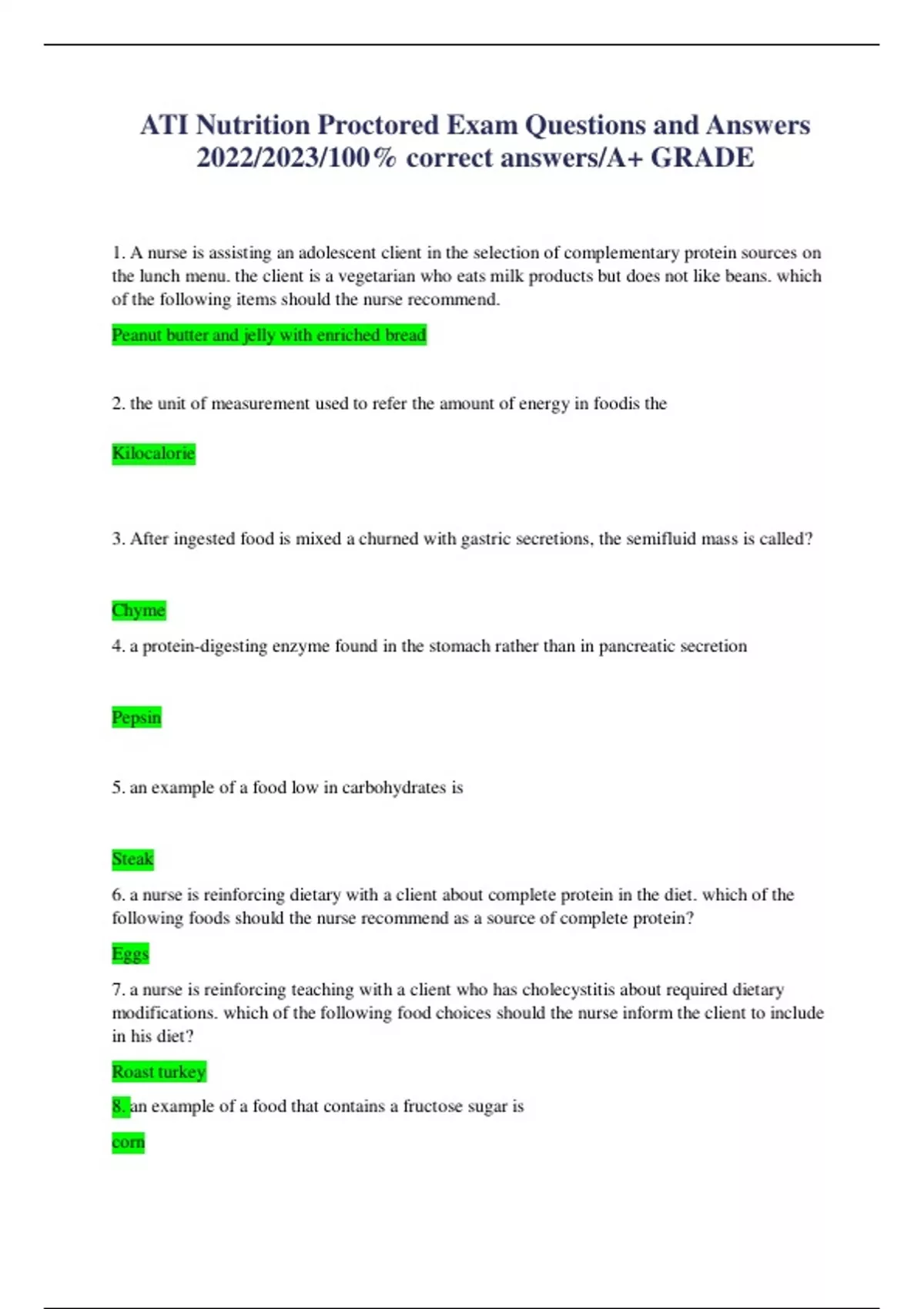 ATI Nutrition Proctored Exam Questions and Answers 2022/2023/100 ...