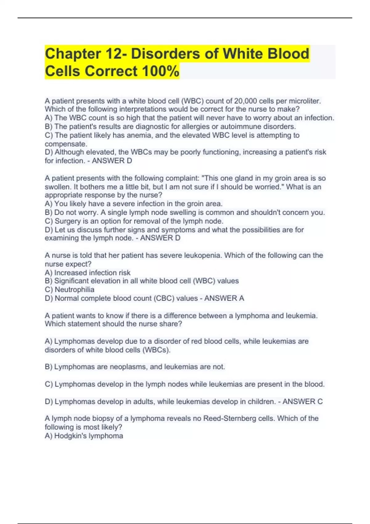 Chapter 12- Disorders of White Blood Cells Correct 100% - WBC - Stuvia US