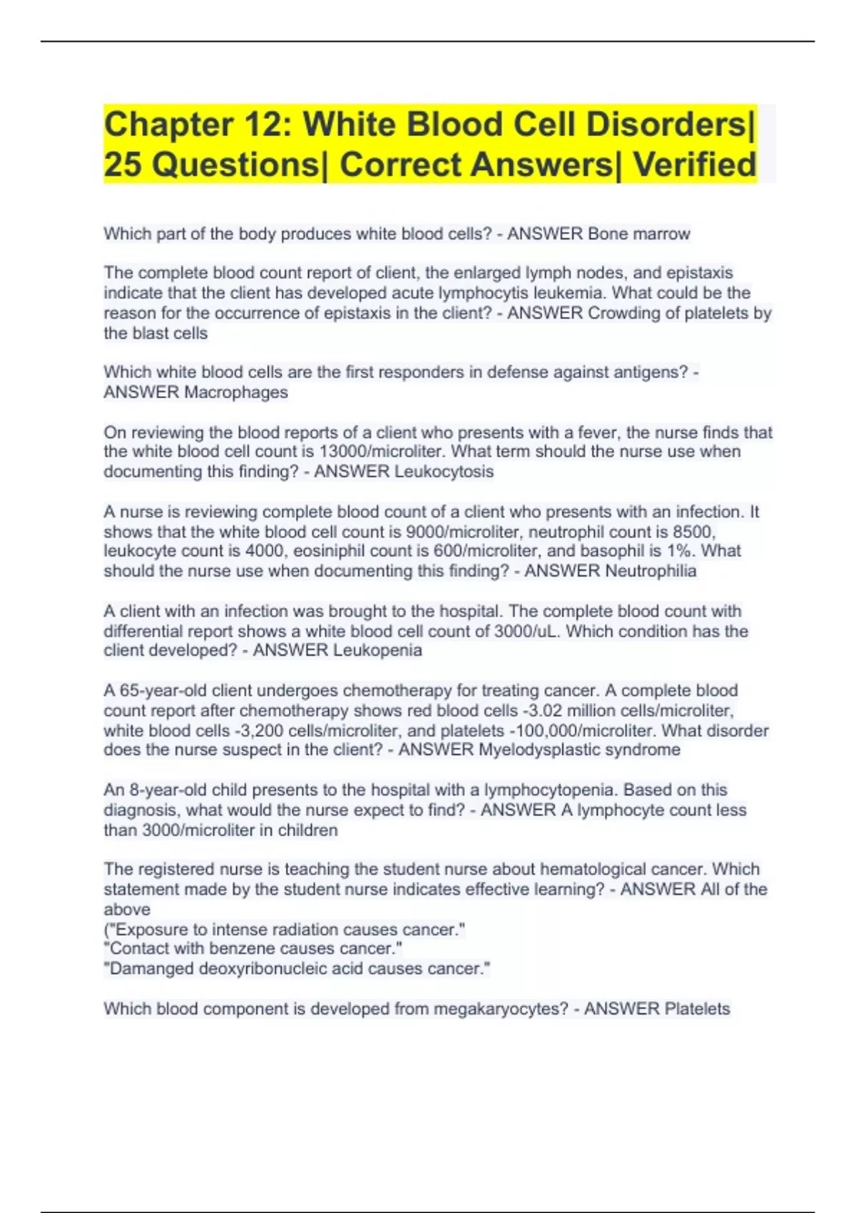 Chapter 12: White Blood Cell Disorders| 25 Questions| Correct Answers| Verified - WBC - Stuvia US