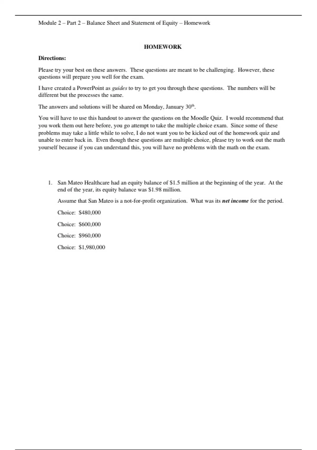 Module 2 – Part 2 – Balance Sheet and Statement of Equity – Homework ...