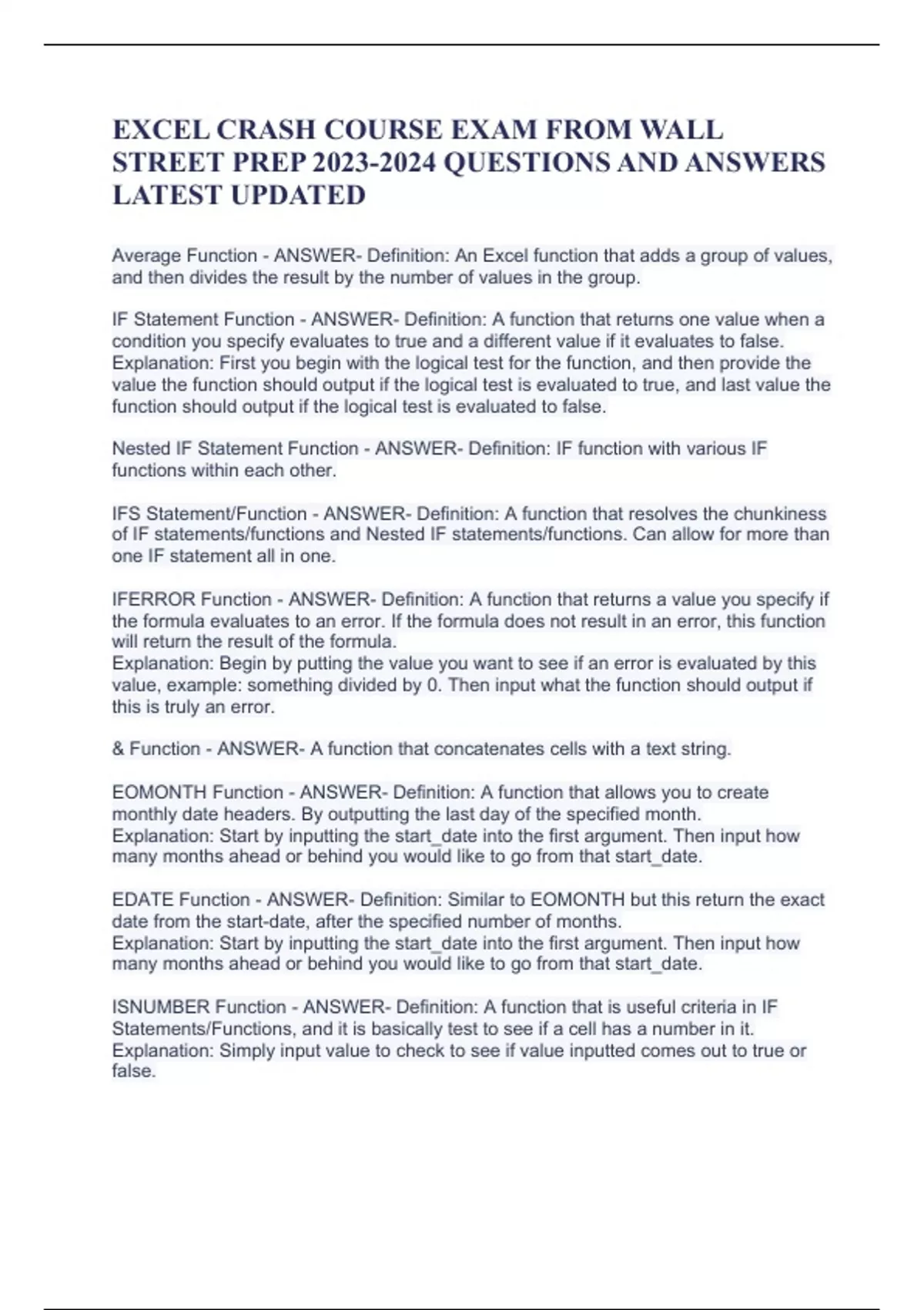 EXCEL CRASH COURSE EXAM FROM WALL STREET PREP QUESTIONS AND ANSWERS ...