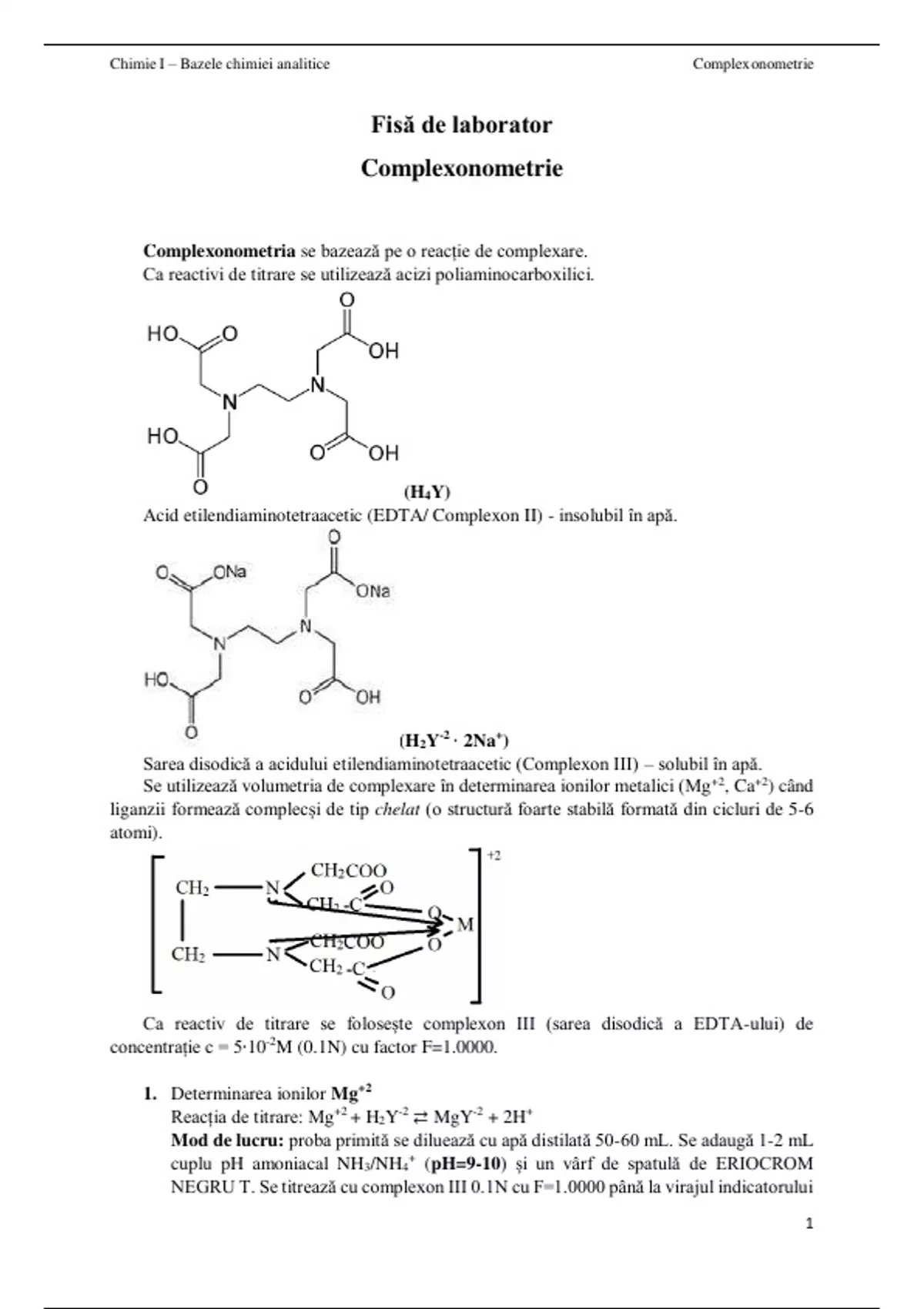 Chimie Analitica - Fisa de laborator - Complexonometrie - CAFLC - Stuvia US