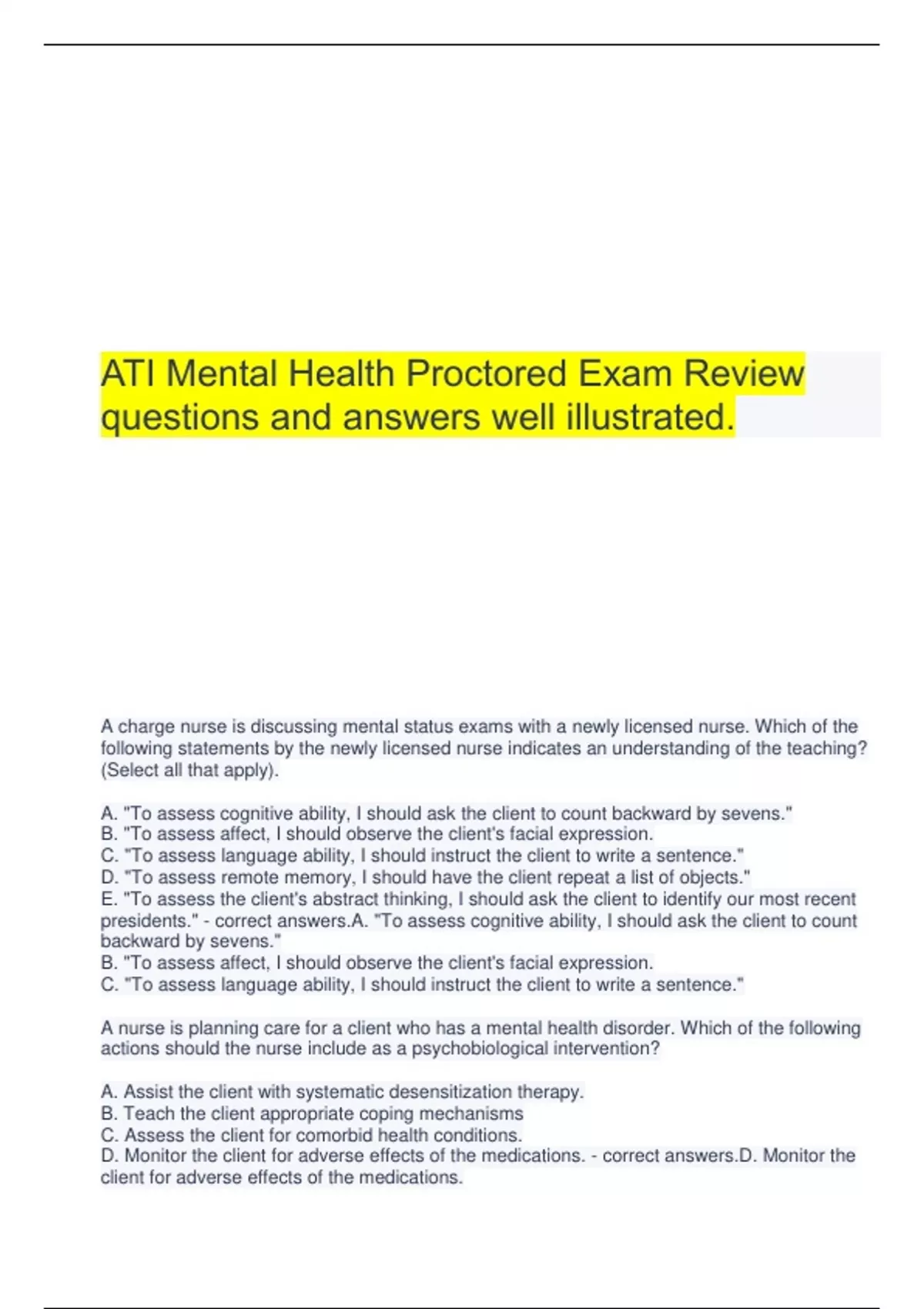 ATI Proctored Mental Health Review questions with complete solutions ...