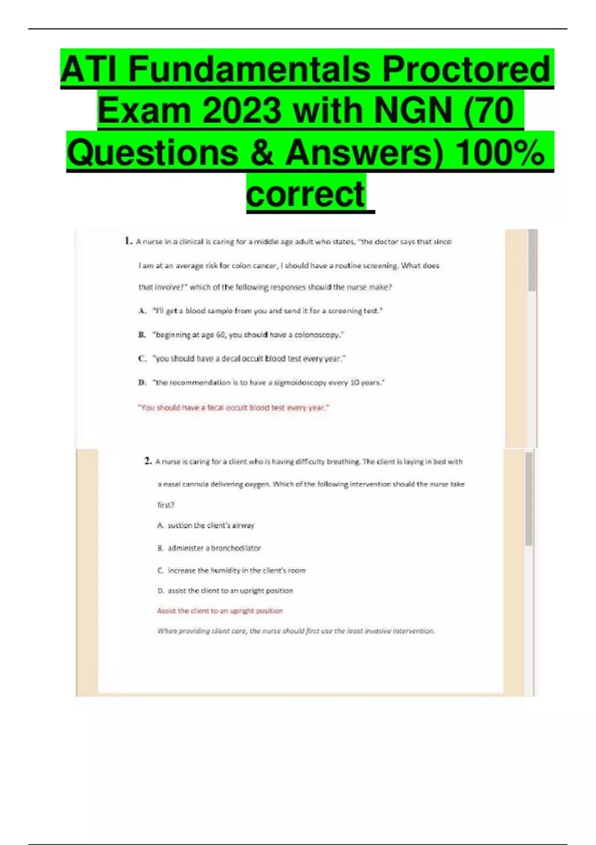 ATI Fundamentals Proctored Exam 2023 with NGN (70 Questions & Answers ...