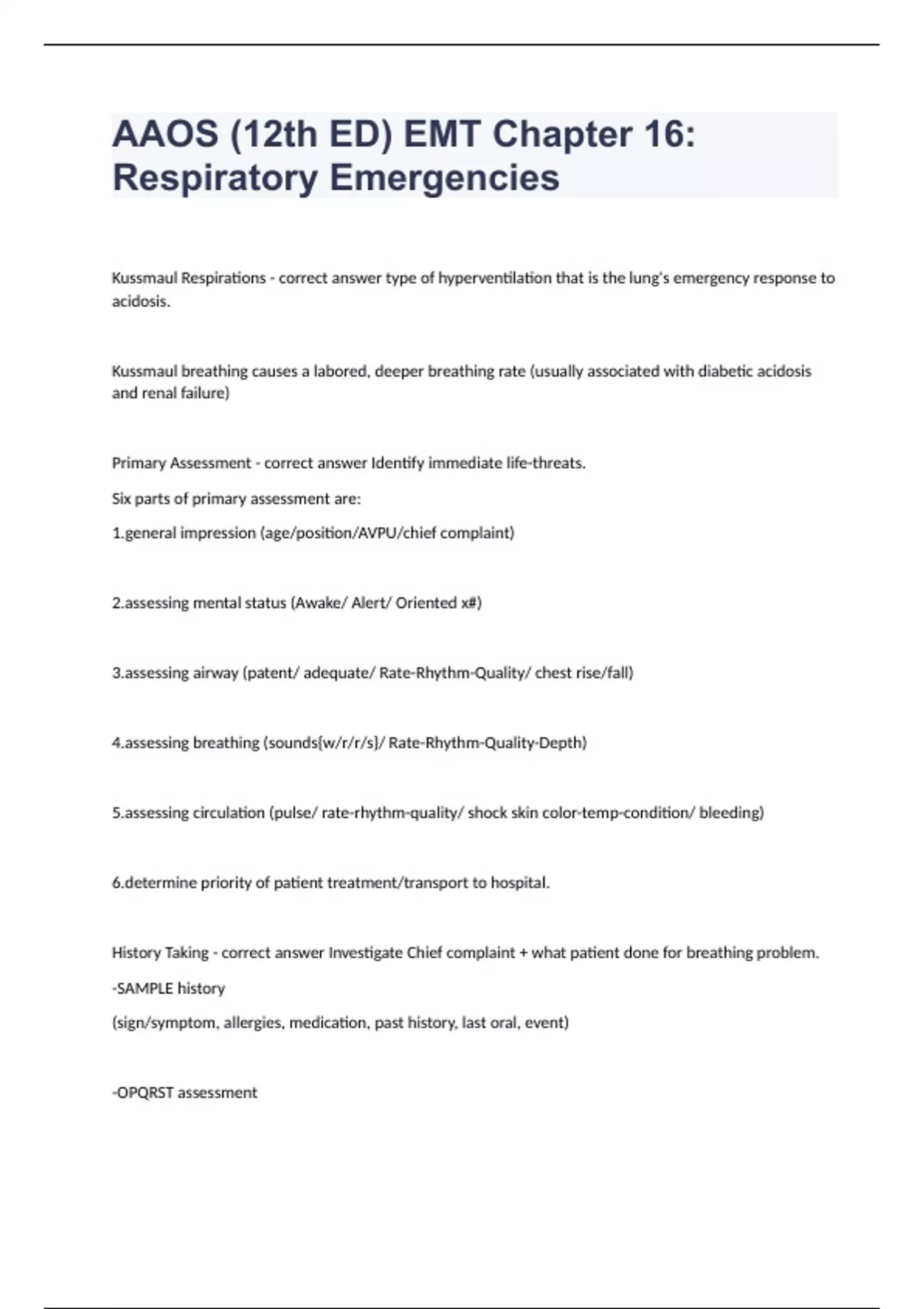 AAOS (12th ED) EMT Chapter 16 Respiratory Emergencies fully solved 2023 passed - AAOS - Stuvia US