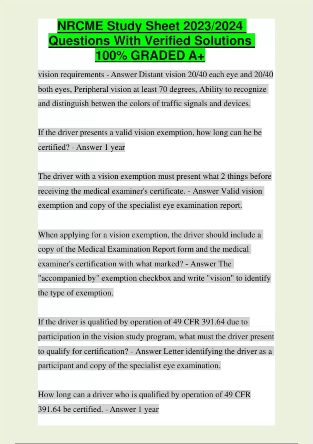 NRCME Study Sheet 2023/2024 Questions With Verified Solutions 100% ...