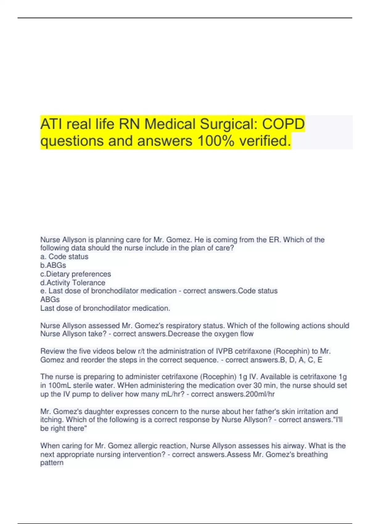 ATI real life RN Medical Surgical: COPD questions and answers 100% ...