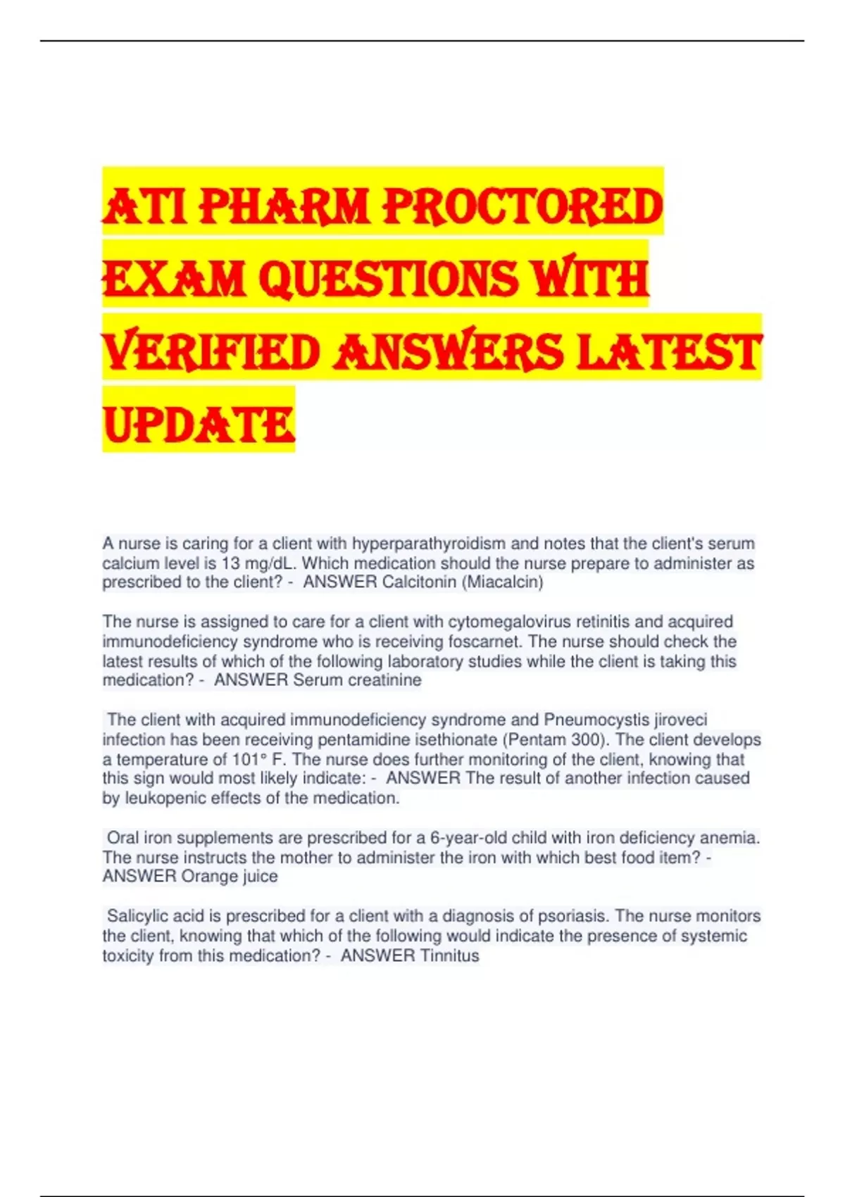 ATI Pharm Proctored Exam QUESTIONS WITH VERIFIED ANSWERS LATEST UPDATE ...