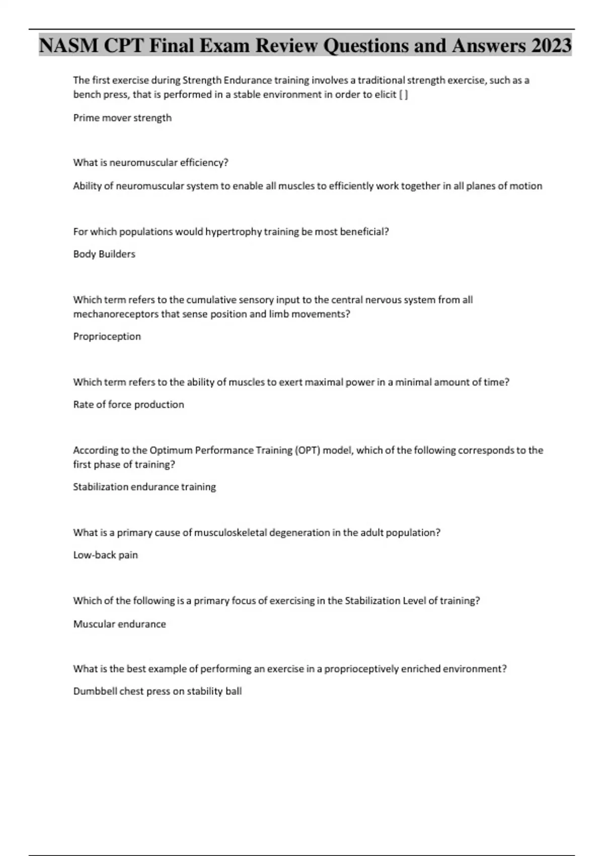 NASM CPT Final Exam Review Questions and Answers 2023 - NASM CPT - Stuvia US