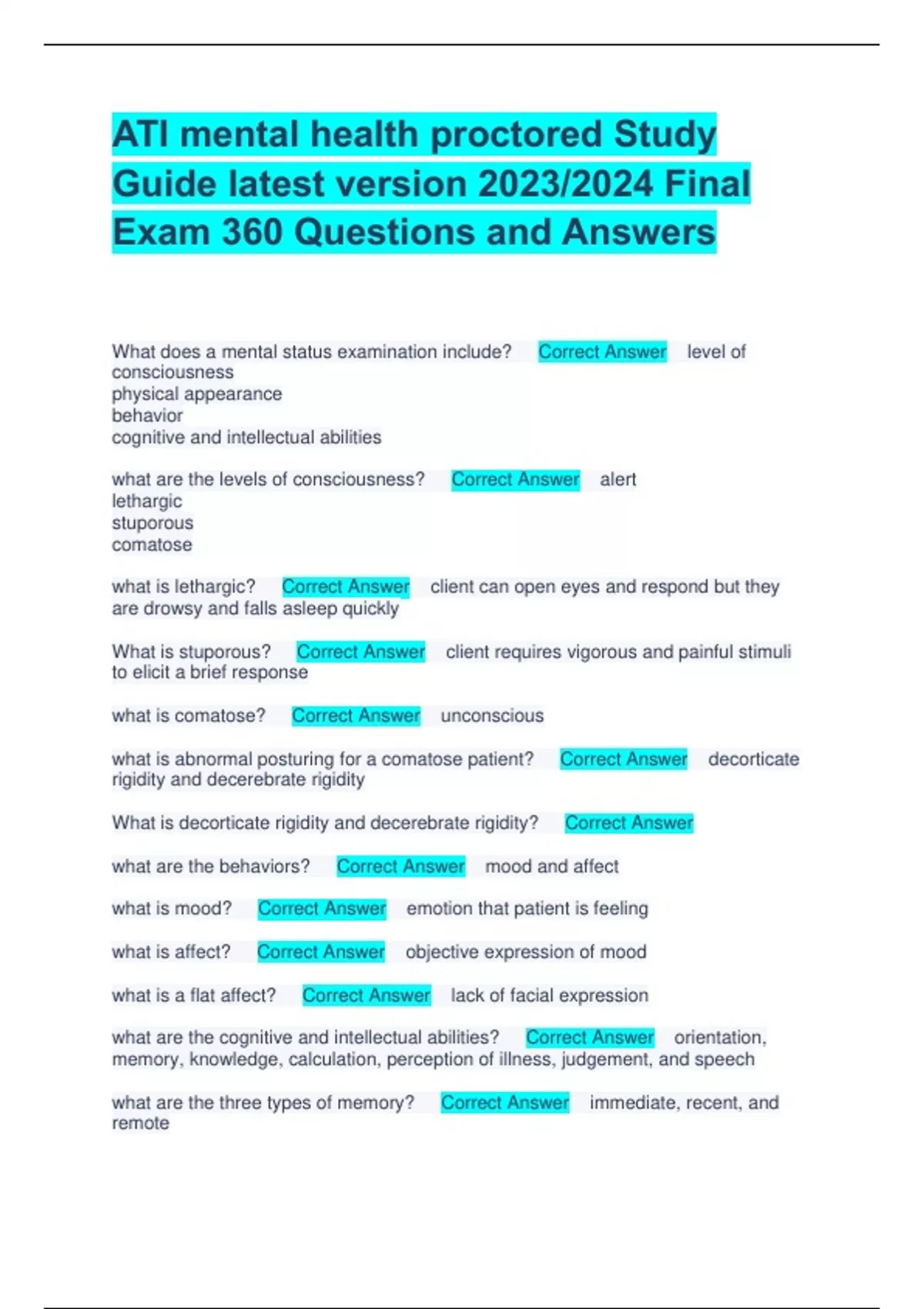ATI mental health proctored Study Guide latest version 2023/2024 Final ...