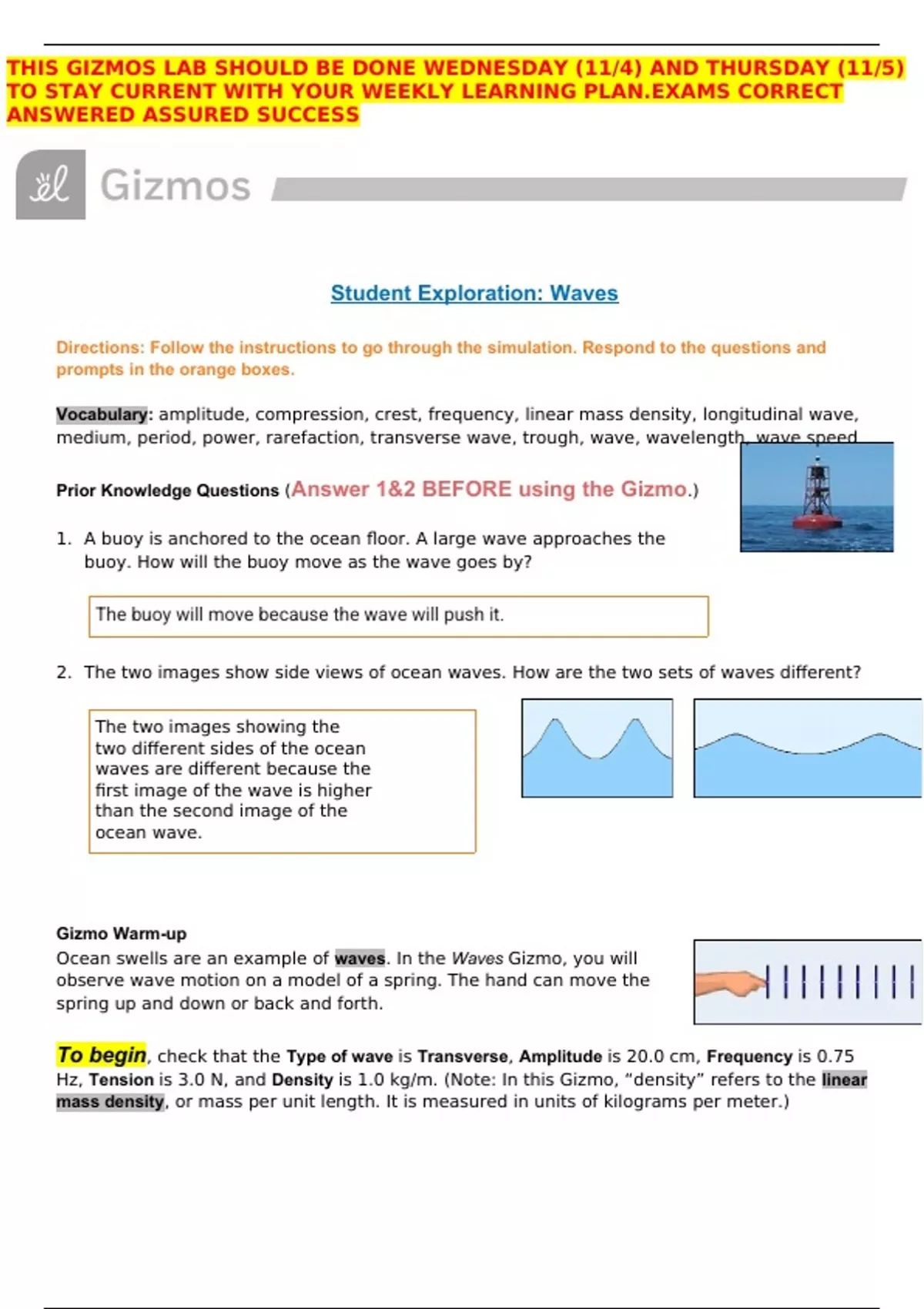 THIS GIZMOS LAB SHOULD BE DONE WEDNESDAY (11/4) AND THURSDAY (11/5) TO ...
