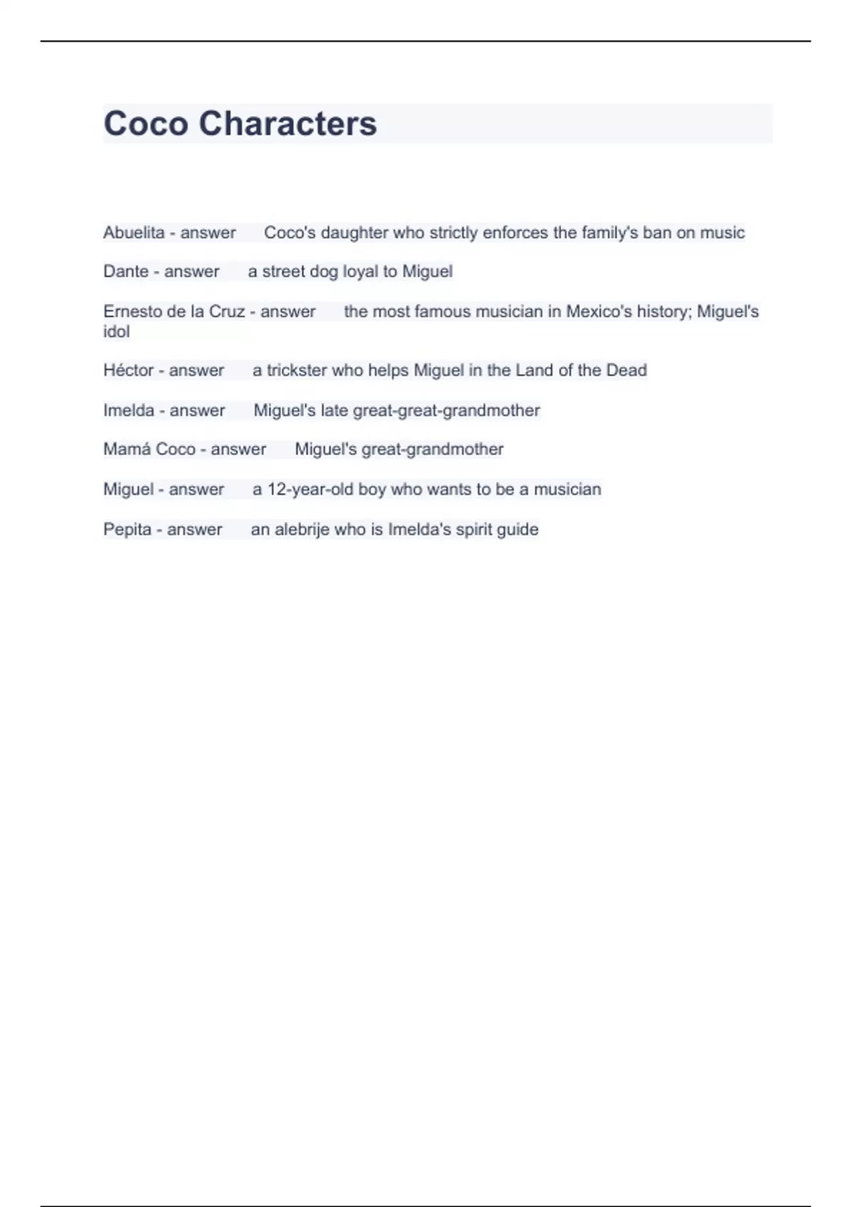 Coco Characters Questions with solutions 2023 - COCO - Stuvia US