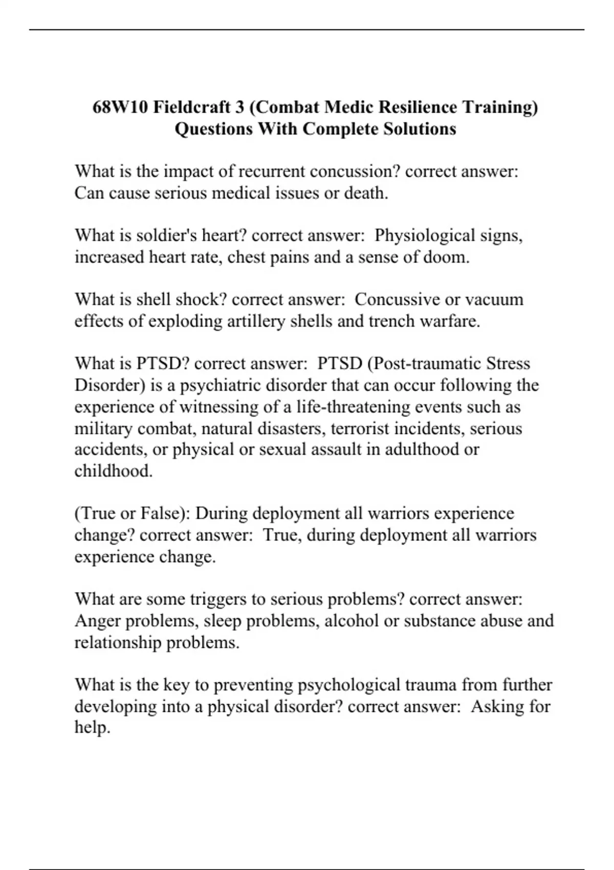 68W10 Fieldcraft 3 (Combat Medic Resilience Training) Questions With ...