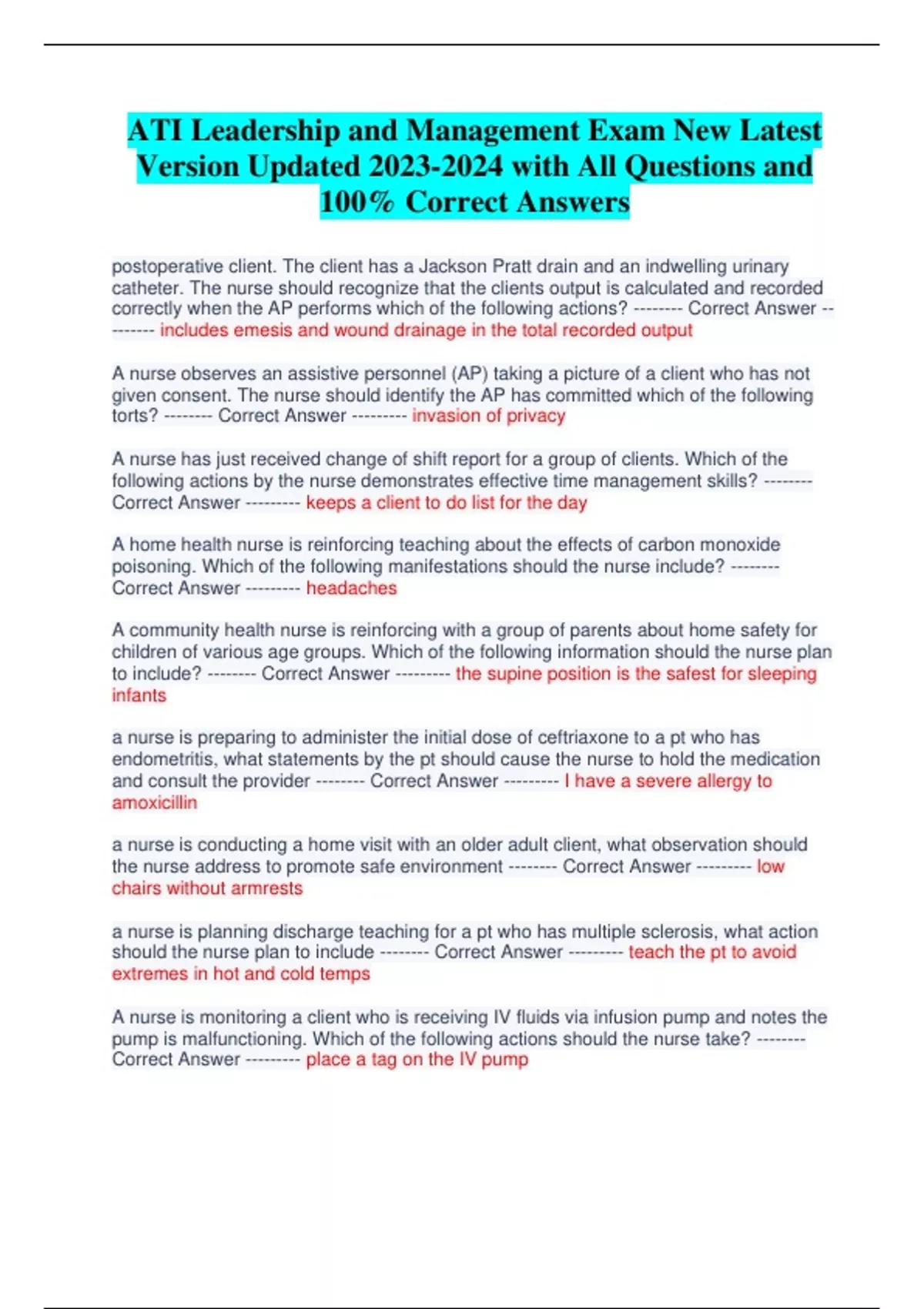 ATI Leadership and Management Exam New Latest Version Updated with All ...