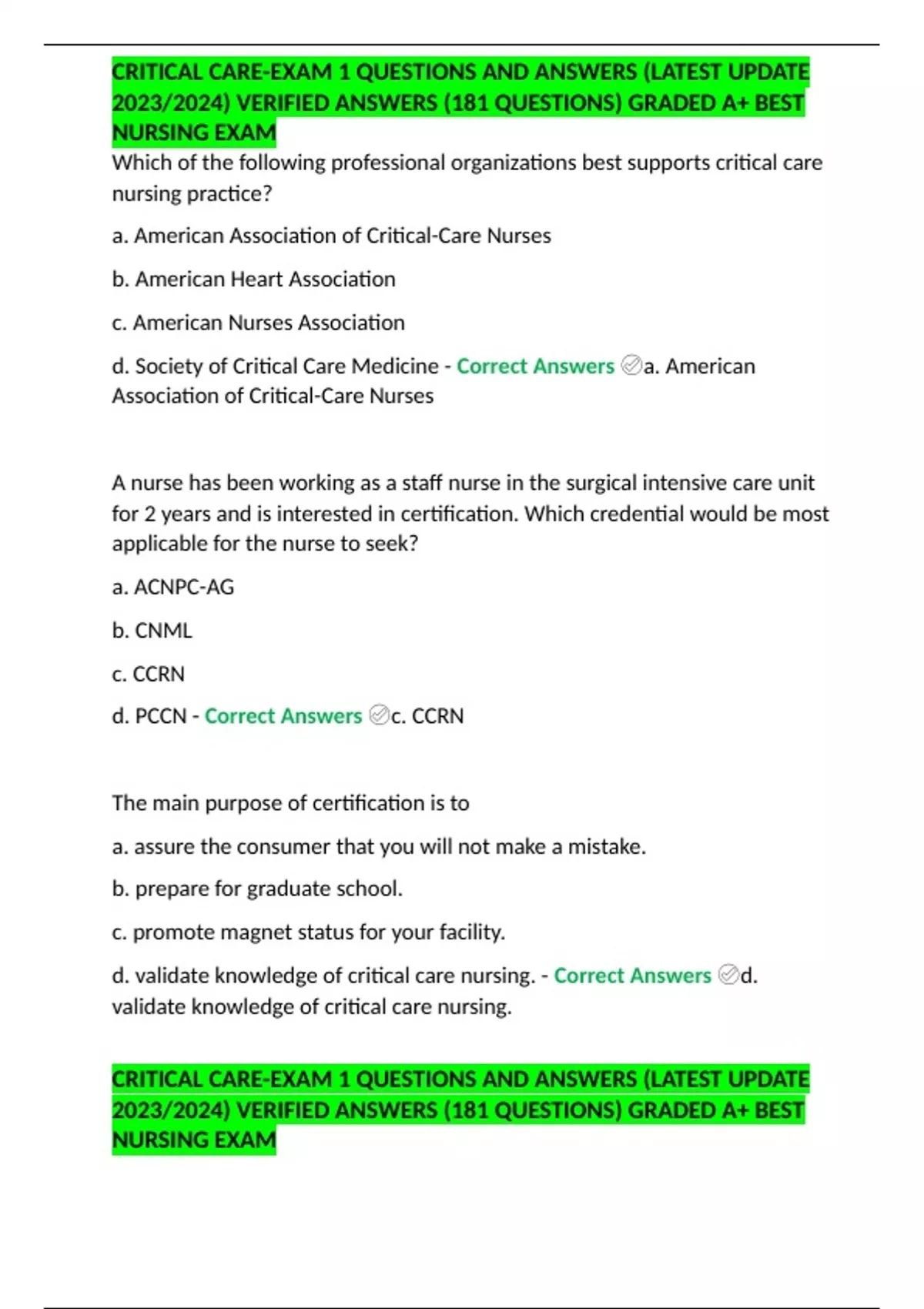 CRITICAL CARE-EXAM 1 QUESTIONS AND ANSWERS (LATEST UPDATE 2023/2024 ...