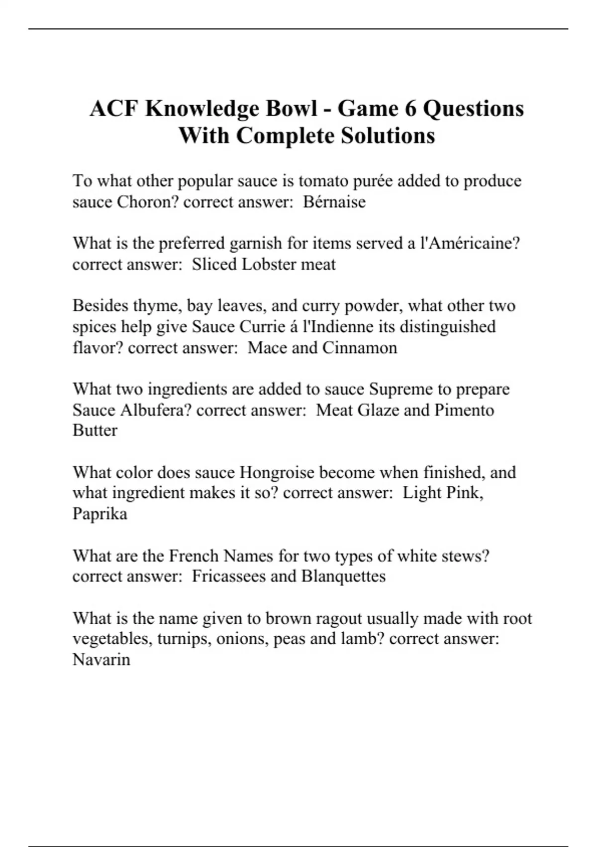 ACF Knowledge Bowl - Game 6 Questions With Complete Solutions - ACF ...